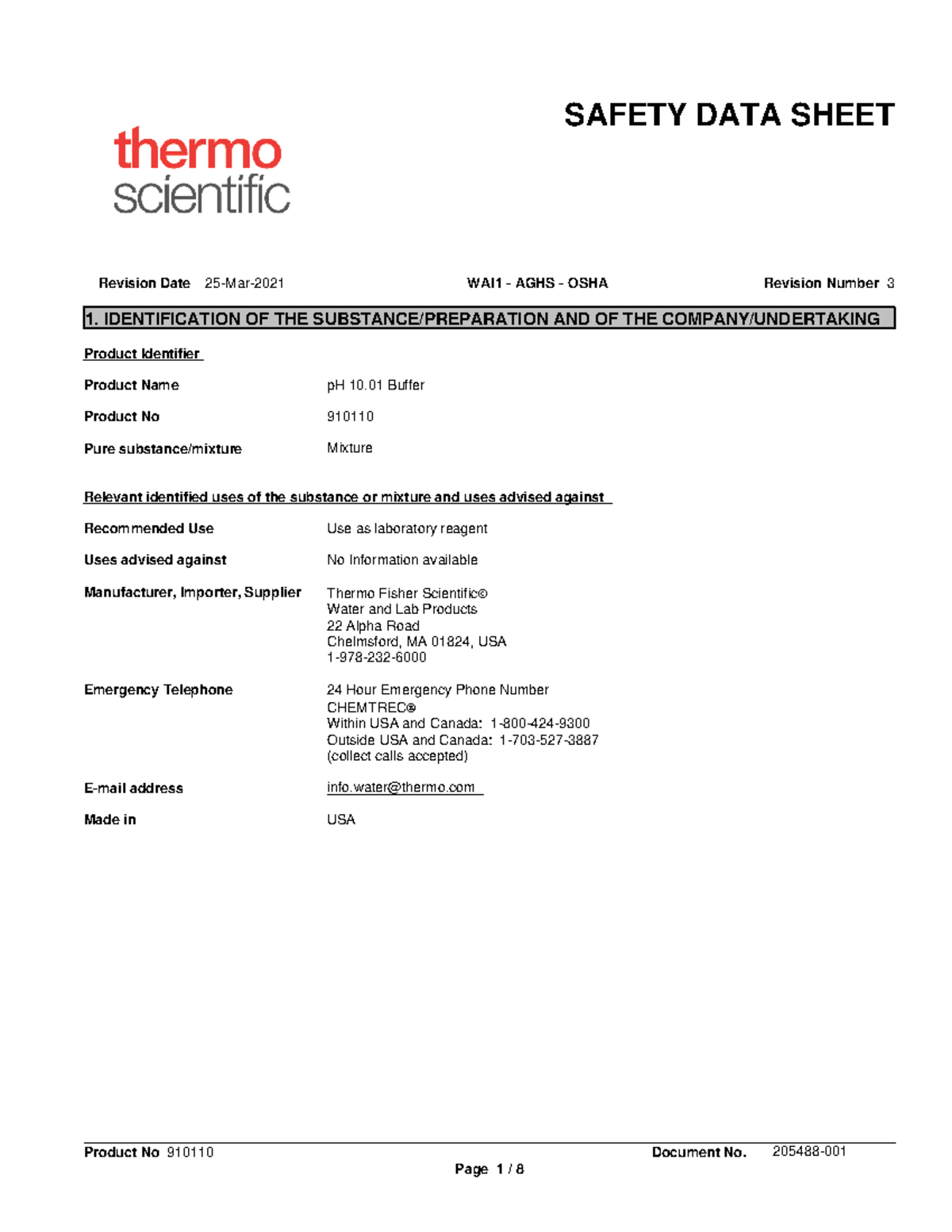 SDS Thermo Fisher Scientific Part No. 910110 20210325 p H 10.01 Buffer - 1. IDENTIFICATION OF ...