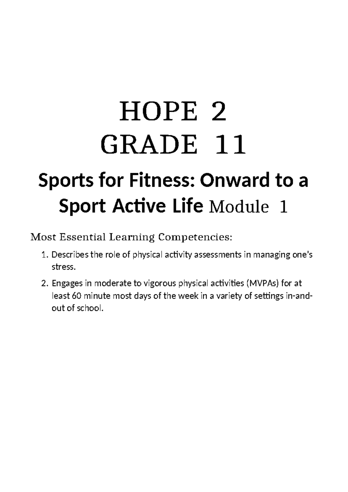 Hope 2 q2 w1 mod1 - study - HOPE 2 GRADE 11 Sports for Fitness: Onward to a Sport Active Life ...
