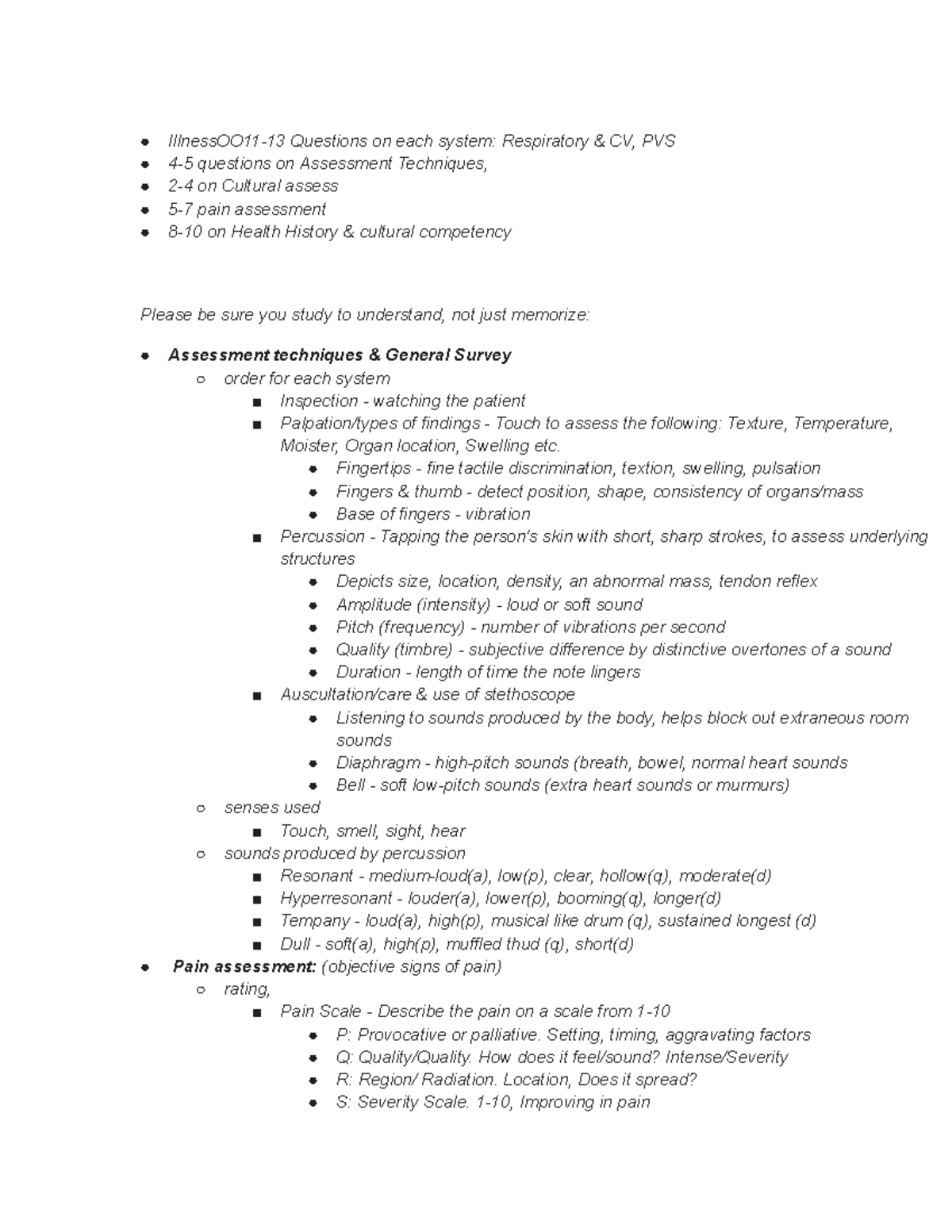 Exam #1 Health Assessment Study Guide - IllnessOO11-13 Questions on ...