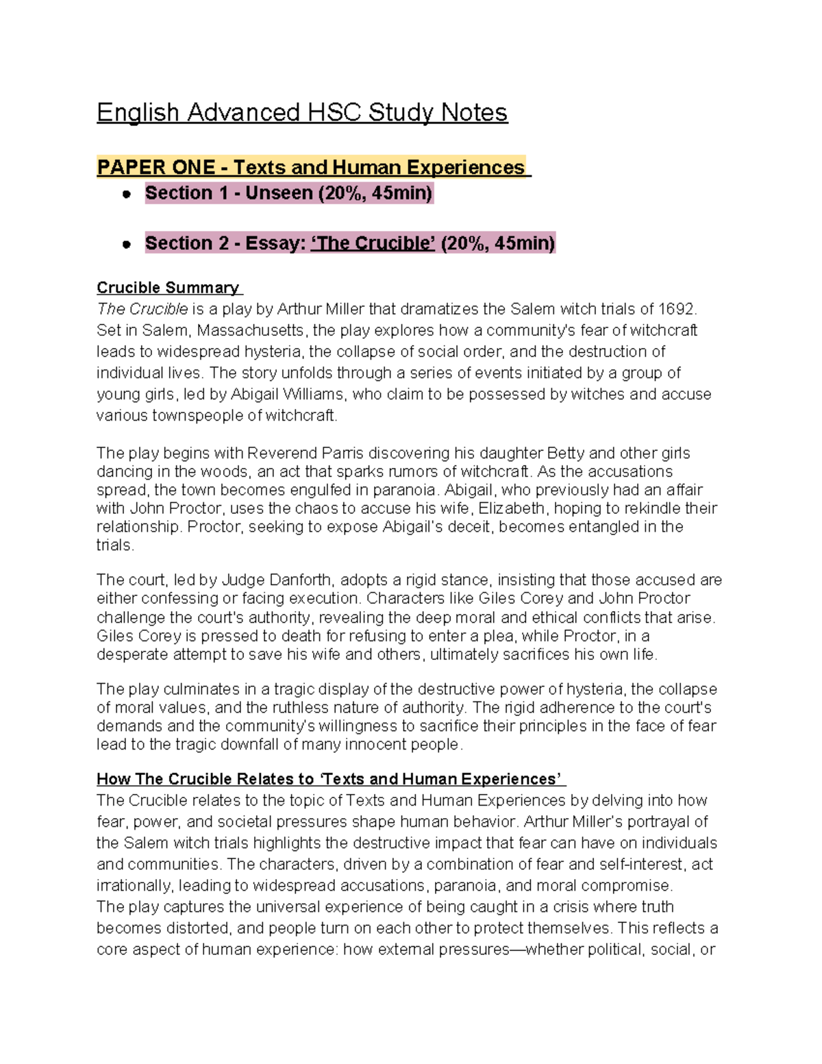 English Advanced HSC Study Notes - Set in Salem, Massachusetts, the ...