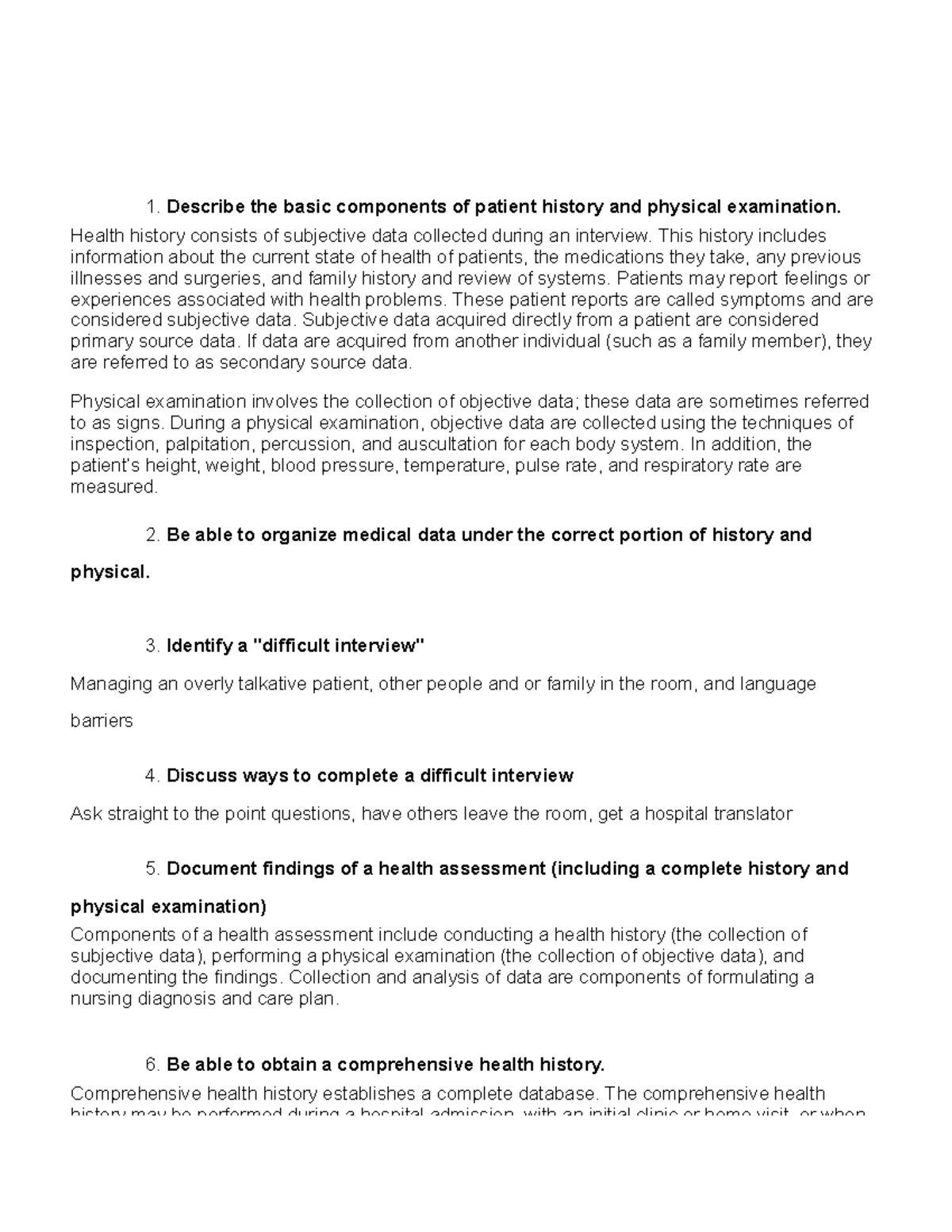 525 EXAM 1 Outline - Describe the basic components of patient history ...