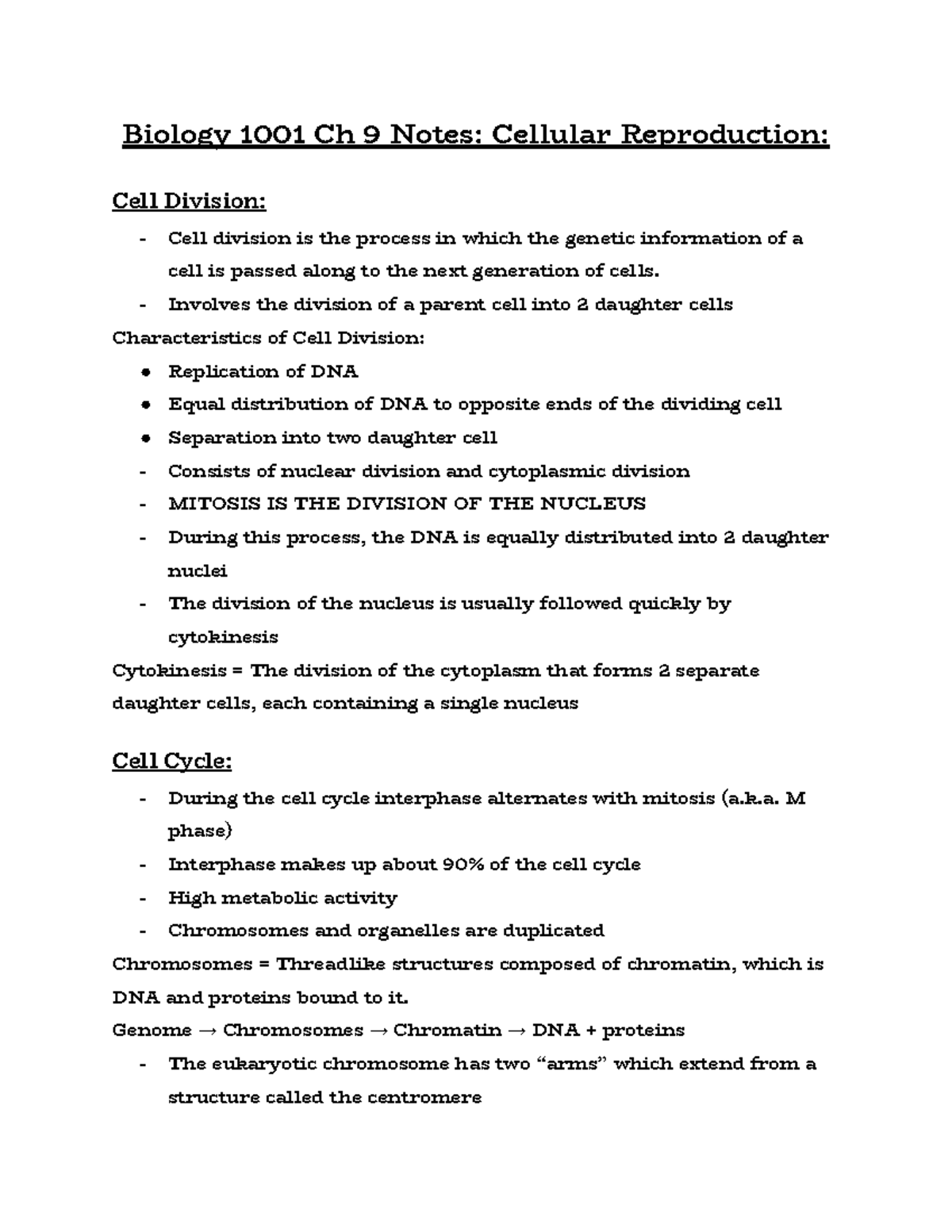 Biology 1002 Ch 9 Notes Cellular Reproduction - Biology 1001 Ch 9 Notes ...