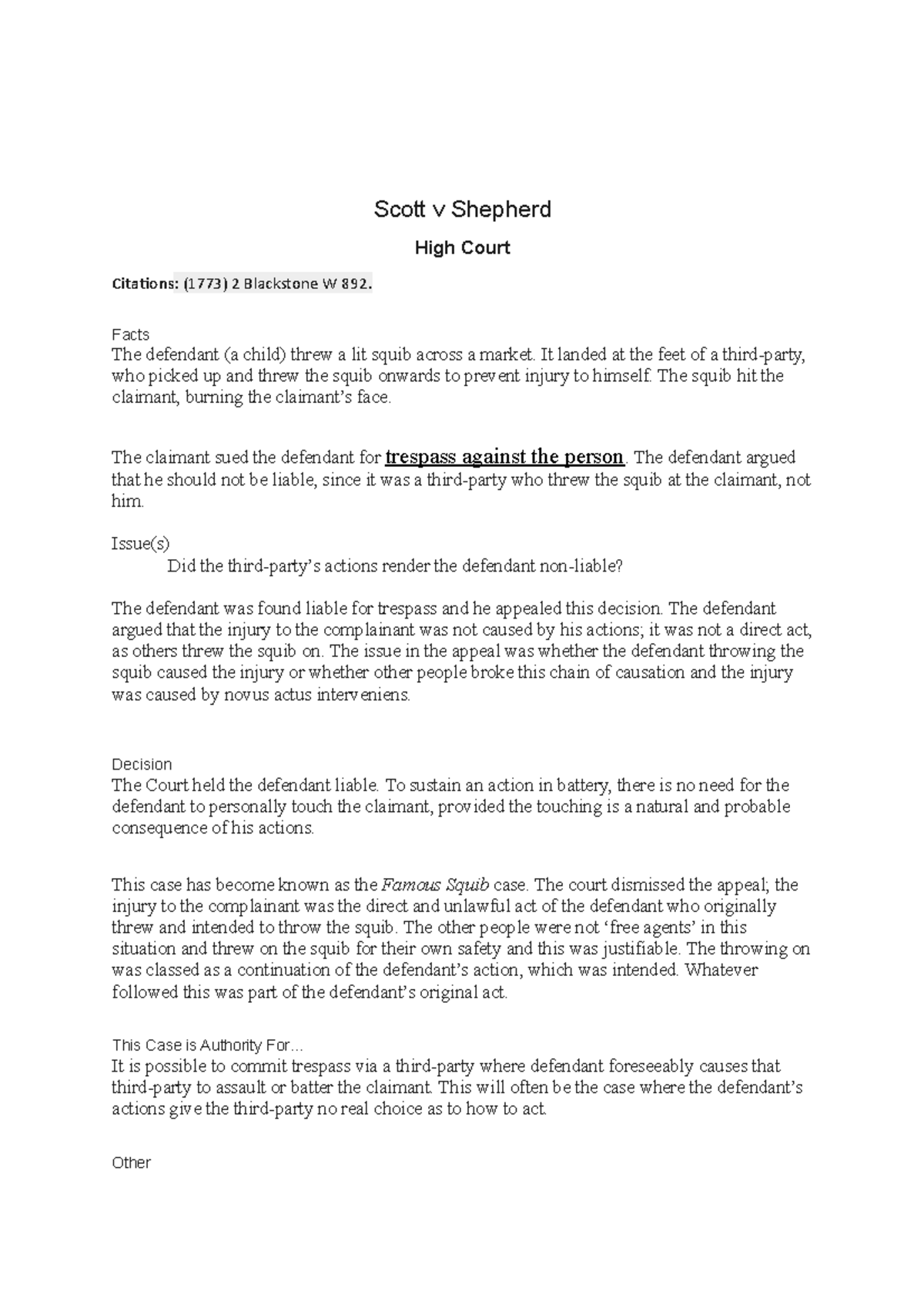 Scott v Shepherd - Law - Scott v Shepherd High Court Citations: (1773 ...