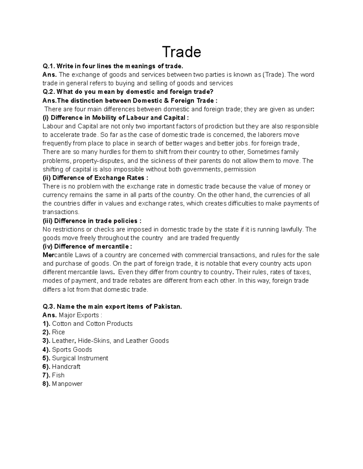 Trade - NOTES ARE BASE ON TEXTBOOK - Trade Q. Write in four lines the ...