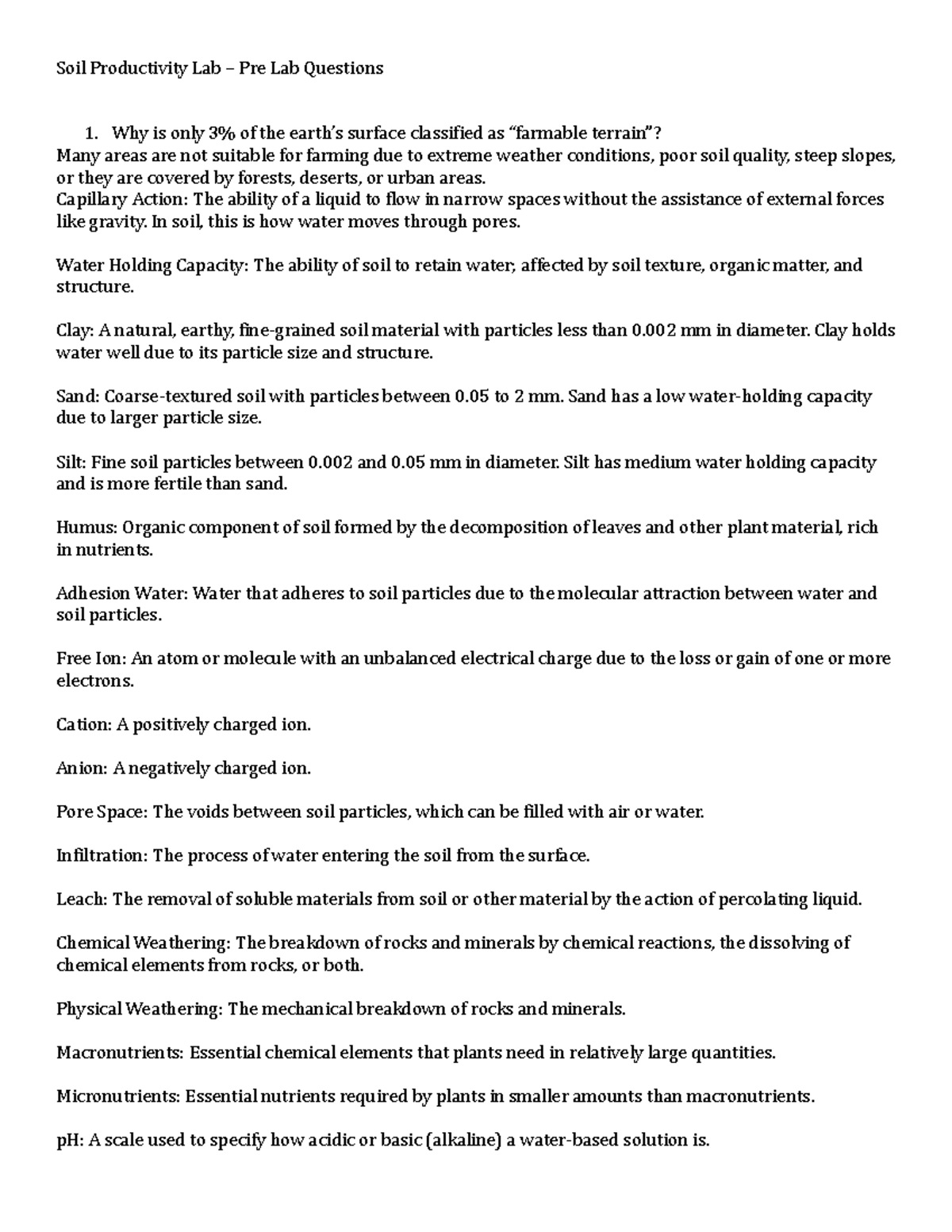 Pre Lab Questions - jjjkij - Soil Productivity Lab – Pre Lab Questions ...