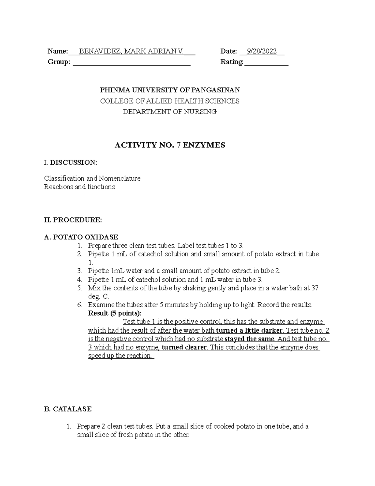 (BIO 024) LAB Activity 7 Enzymes - Name:BENAVIDEZ, MARK ADRIAN V. Date: 9/28/2022 Group: - Studocu