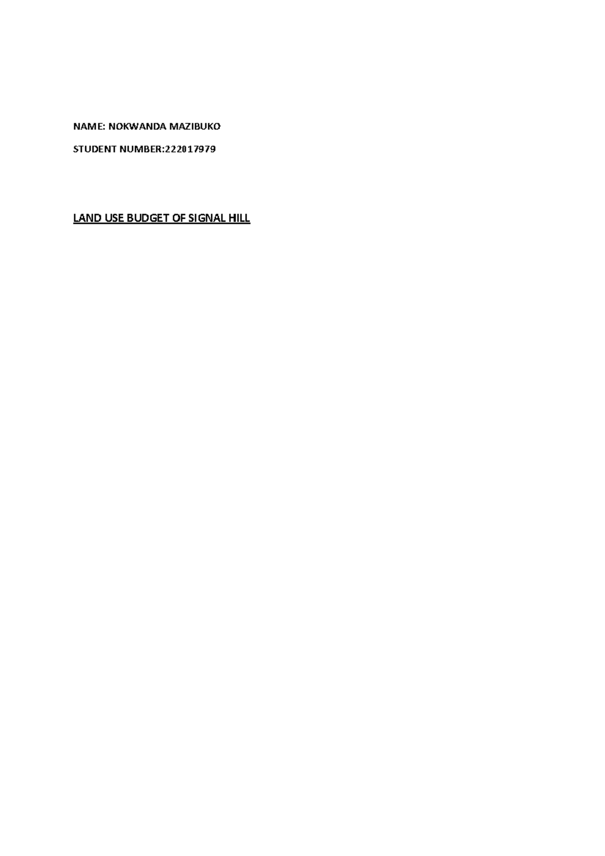 LAND USE Budget Assignment 1 - NAME: NOKWANDA MAZIBUKO STUDENT NUMBER ...