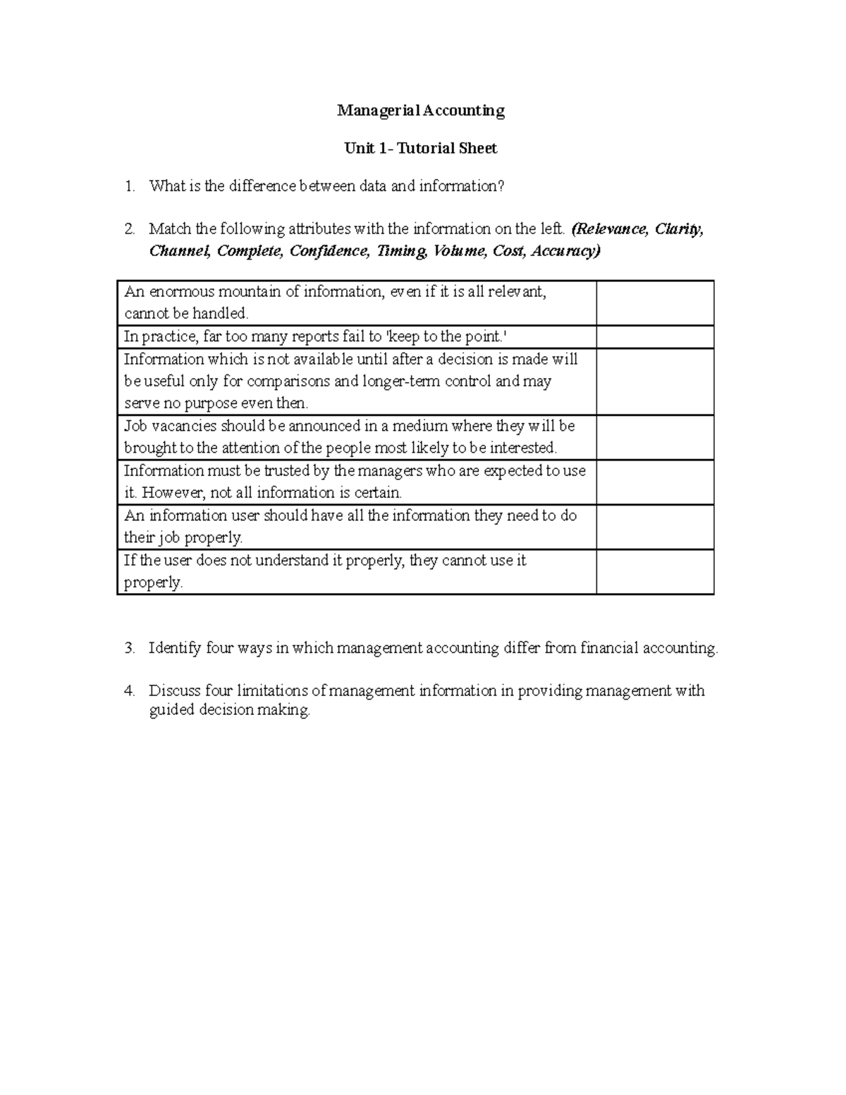 Managerial Accounting Tutorial Sheet - Units 1 and 2 (students ...