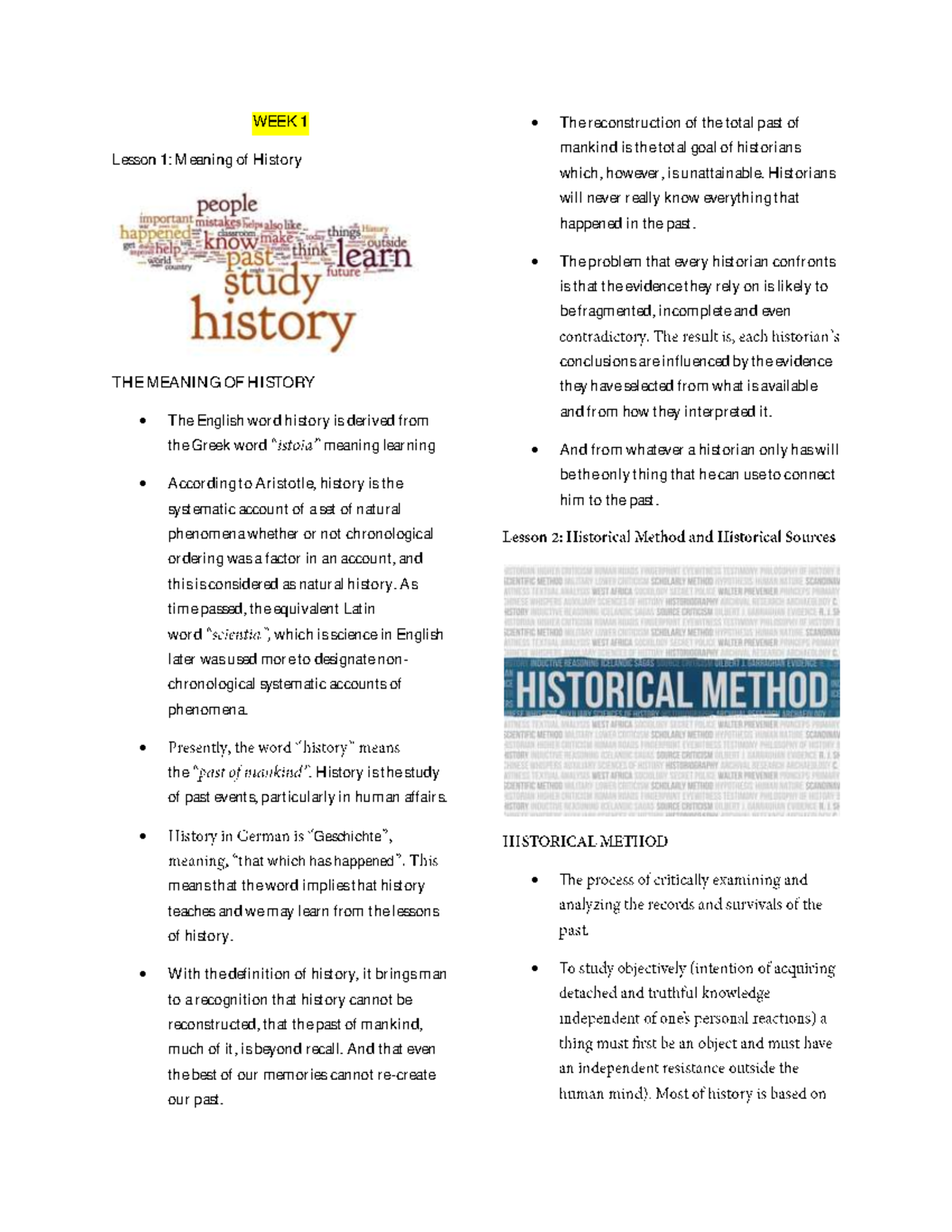 Prelim Lesson WEEK 1-5 Summary - WEEK 1 Lesson 1: Meaning of History ...