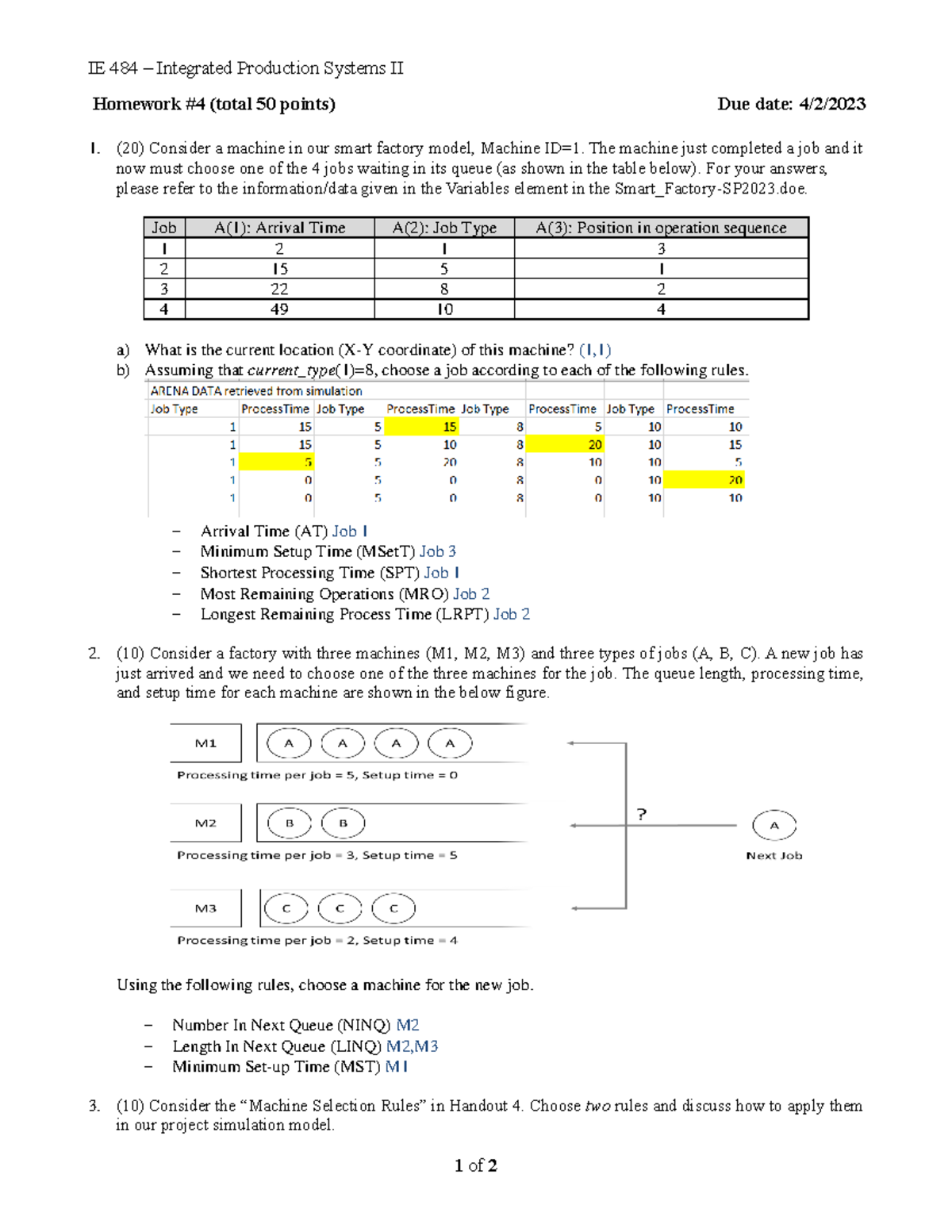 HW4 Solution - IE 484 – Integrated Production Systems II 1 of 2 Homework # 4 (total 5 0 points ...