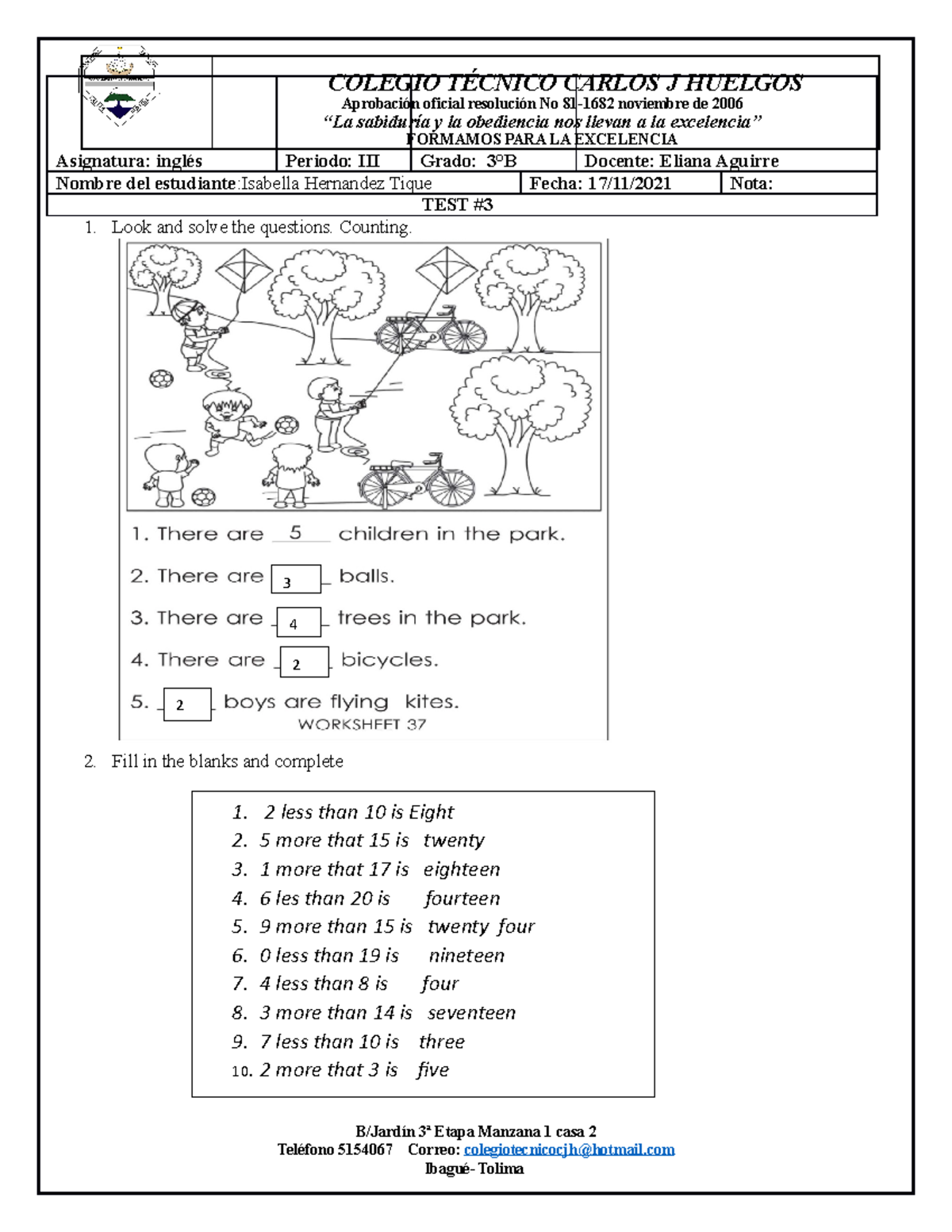 English Final TEST # 3 ( Isabella Hernandez Tique - Asignatura: inglés ...