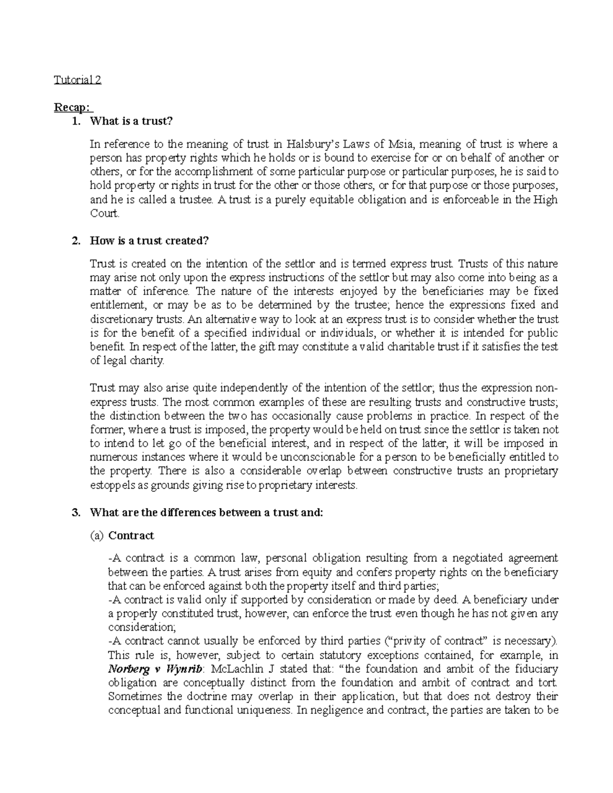 Equity Tutorial 2 - Tutorial 2 Recap: 1. What is a trust? In reference ...