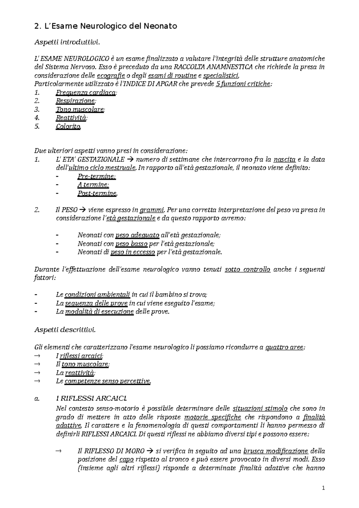 Neuropsichiatria Infantile - 2. L’Esame Neurologico del Neonato Aspetti ...