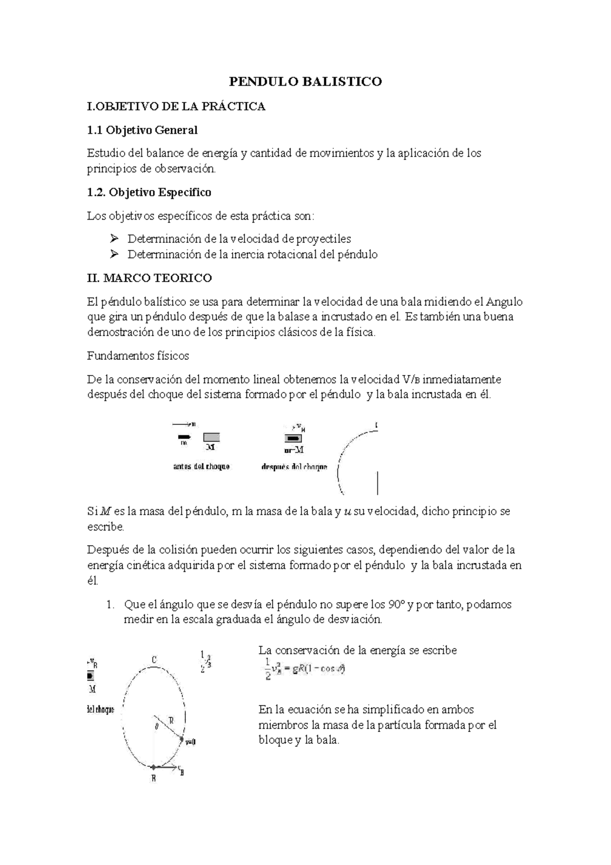 Pendulo balistico - PENDULO BALISTICO I DE LA PRÁCTICA 1 Objetivo ...