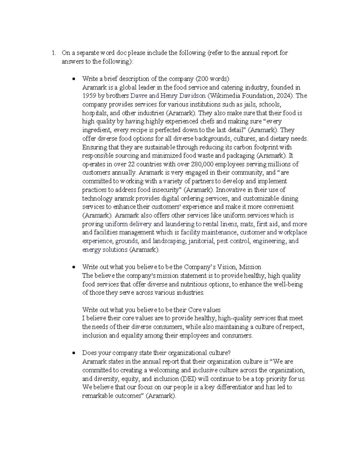 Company pre seminar work - On a separate word doc please include the ...