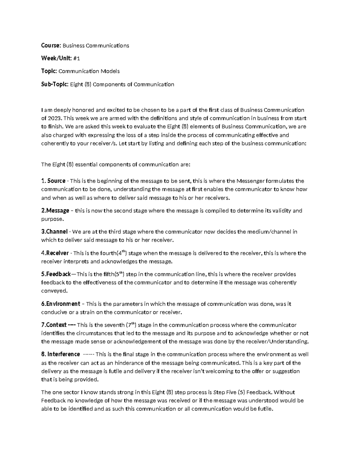 Business Communications Unit #1 - Course: Business Communications Week/Unit: # Topic ...