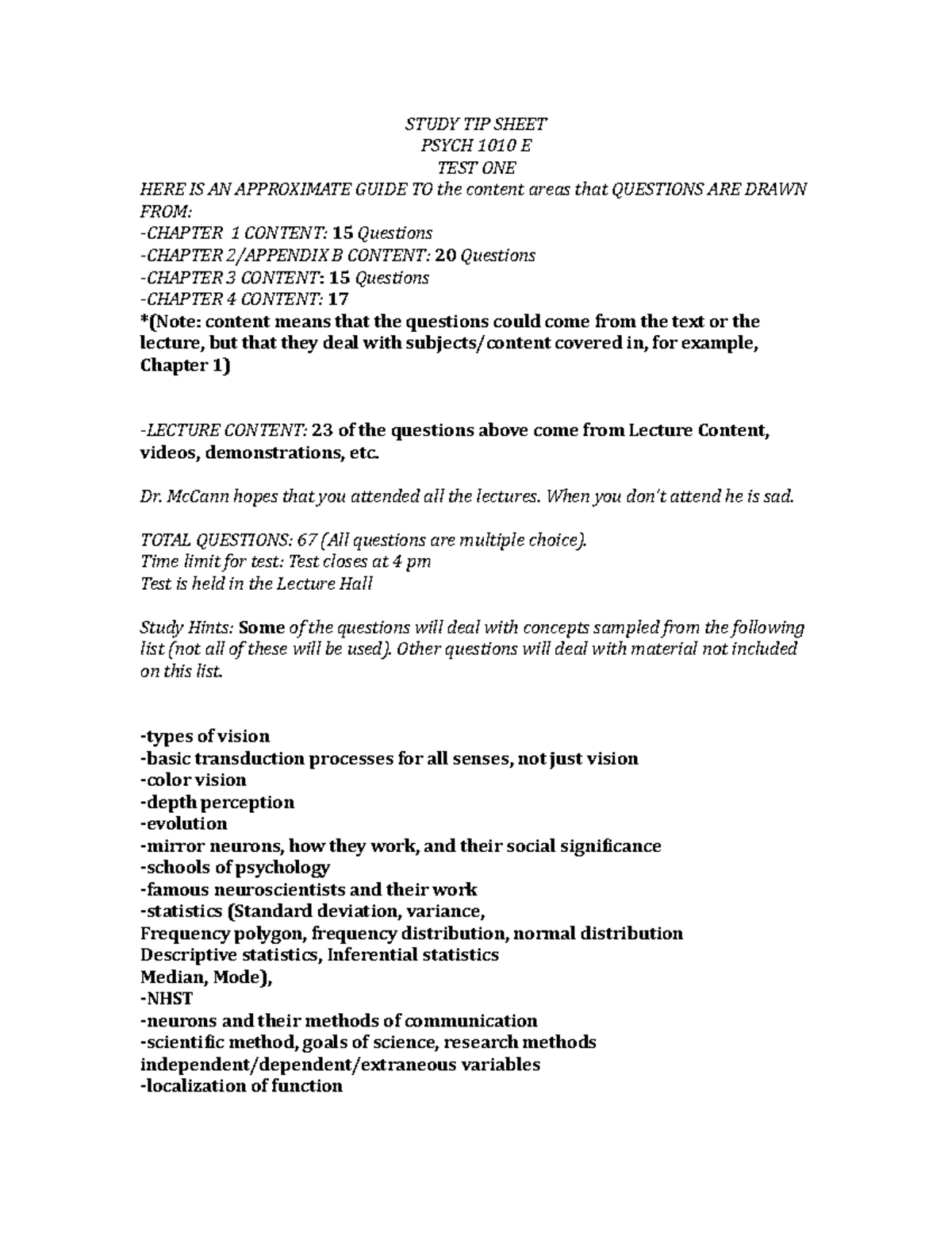 1010 E Study TIP Sheet 1010E TEST ONE (1) - STUDY TIP SHEET PSYCH 1010 ...