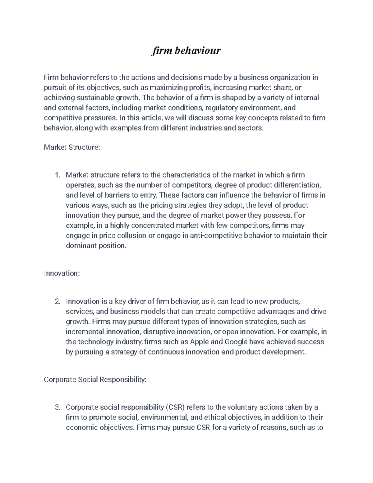 Notes on firm behaviour - firm behaviour Firm behavior refers to the ...