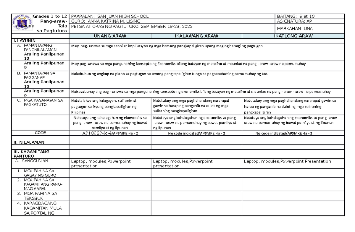 DLL-SEP 19-23mamkat - lesson plan - Grades 1 to 12 Pang-araw- araw na ...