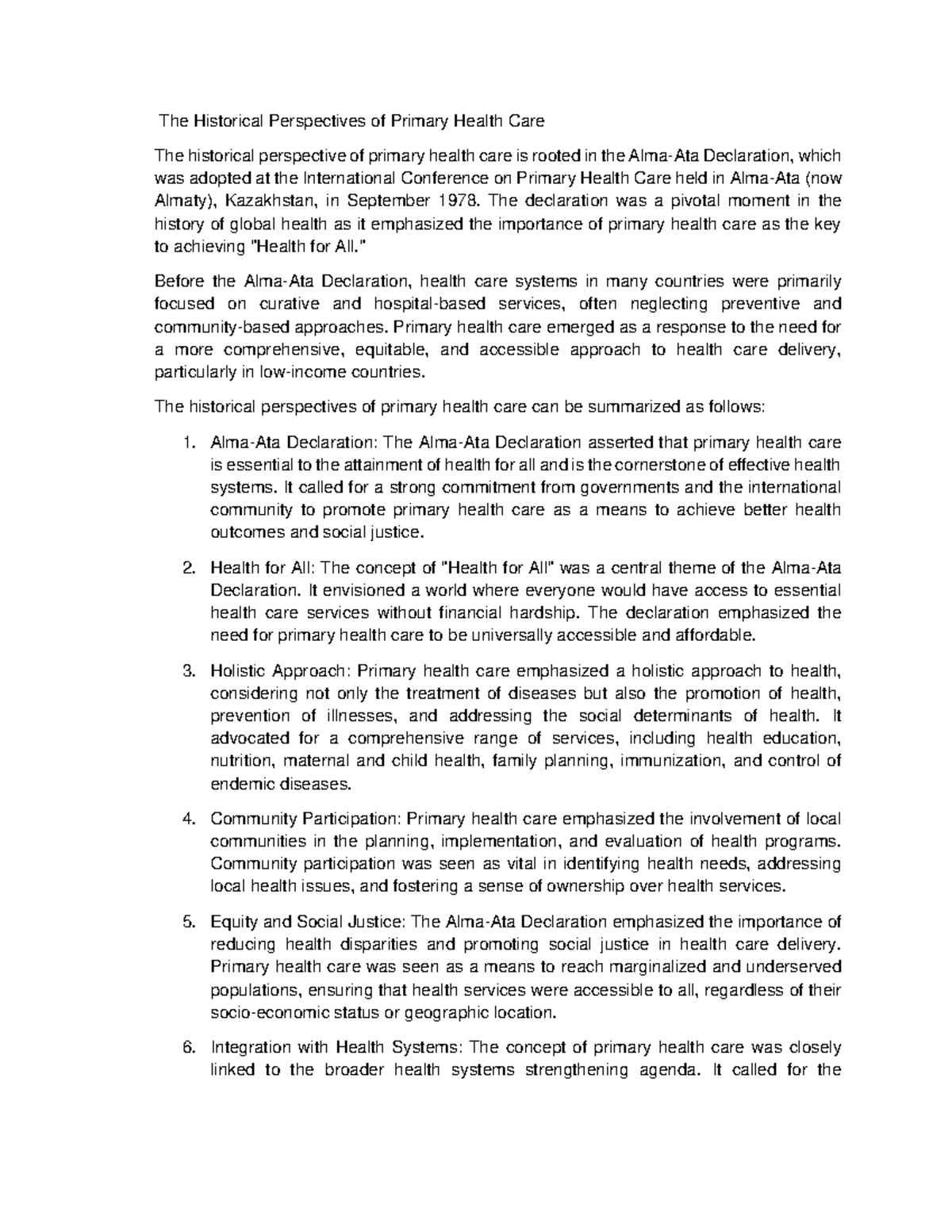 NURS 502 - The Historical Perspectives of Primary Health Care The ...
