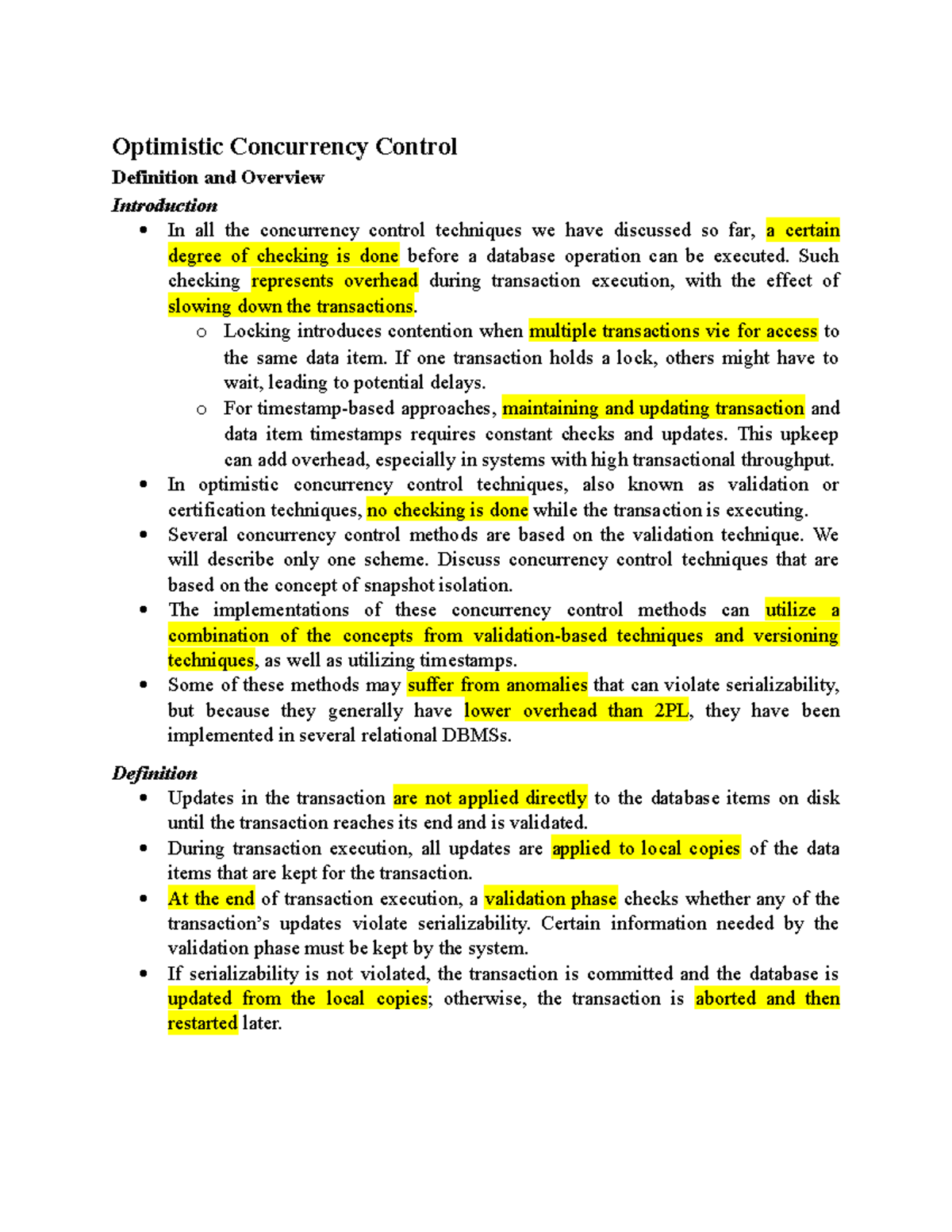 Presentation-outline - Optimistic Concurrency Control Definition and Overview Introduction In ...
