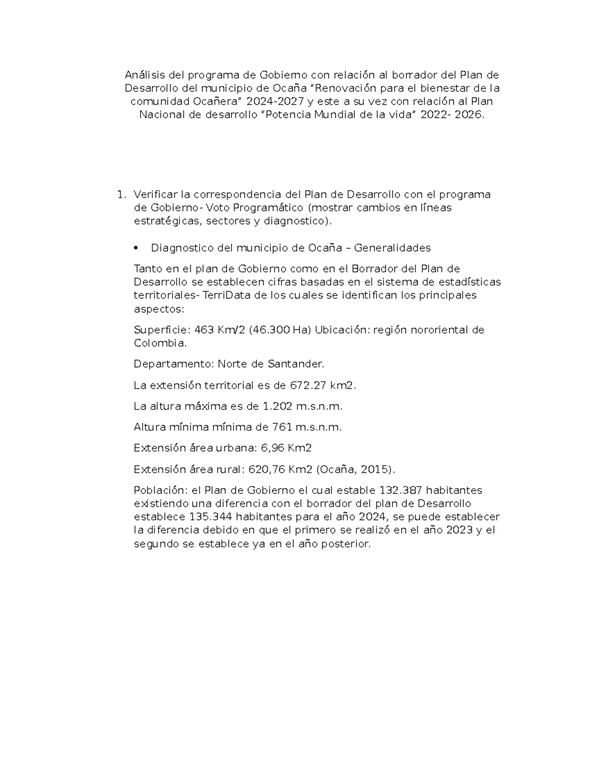 Análisis del programa de Gobierno con relación al borrador del Plan de Desarrollo del municipio ...