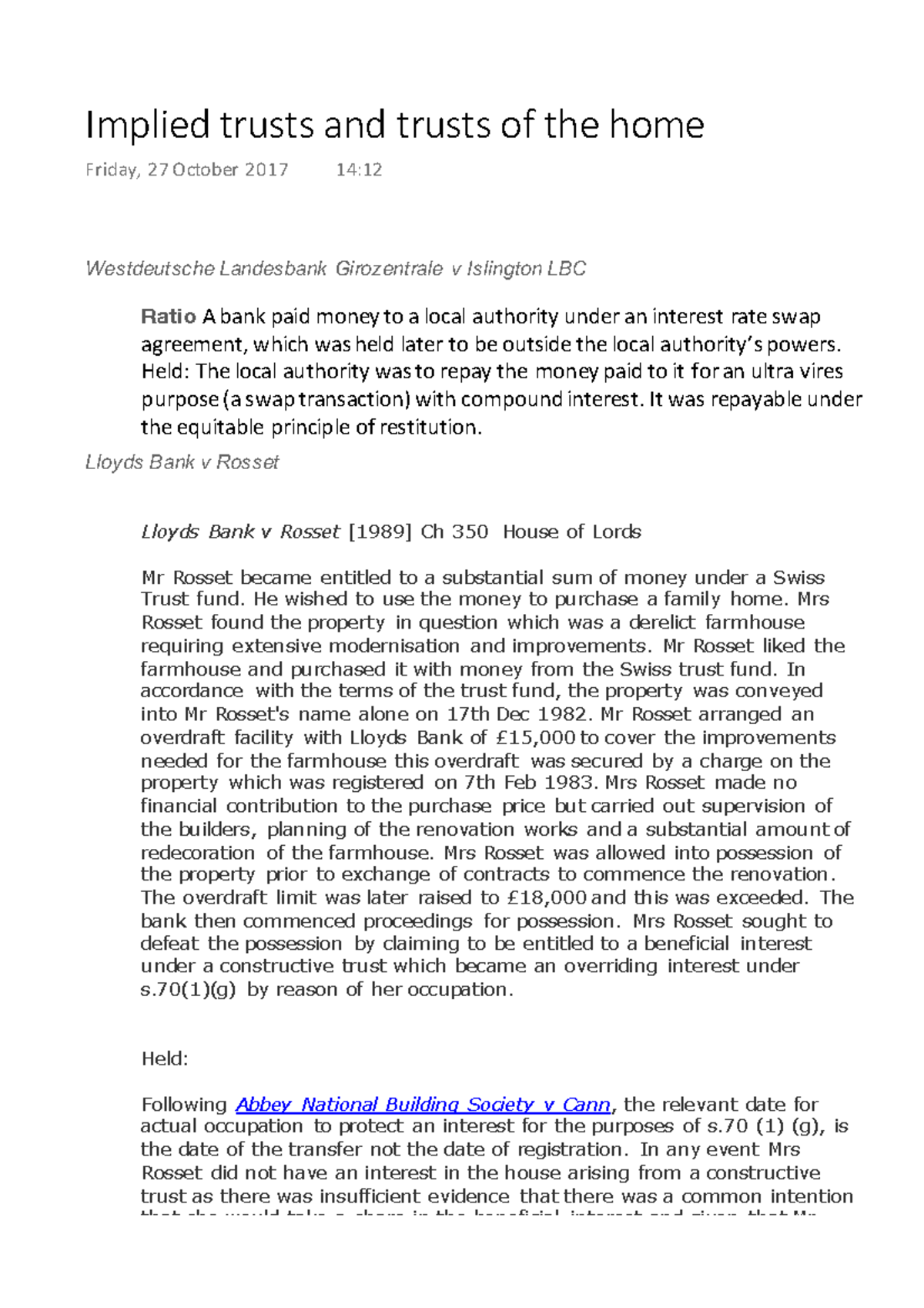 Property law lecture 4 Implied trusts and trusts of the home ...