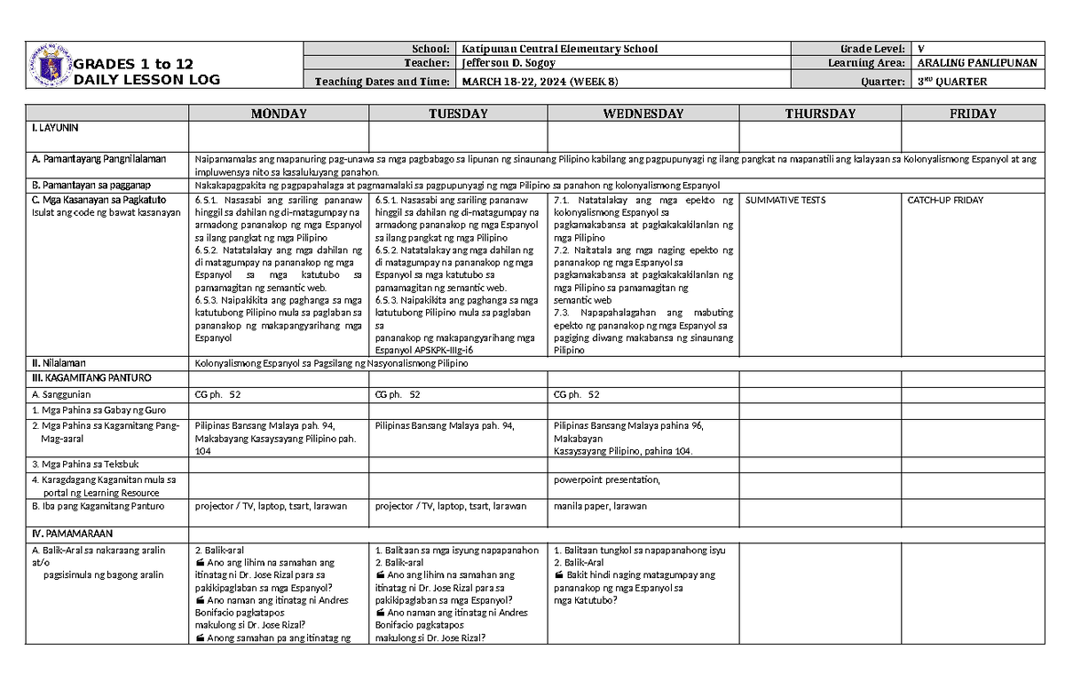DLL Araling Panlipunan 5 Q3 W8 - GRADES 1 to 12 DAILY LESSON LOG School: Katipunan Central - Studocu