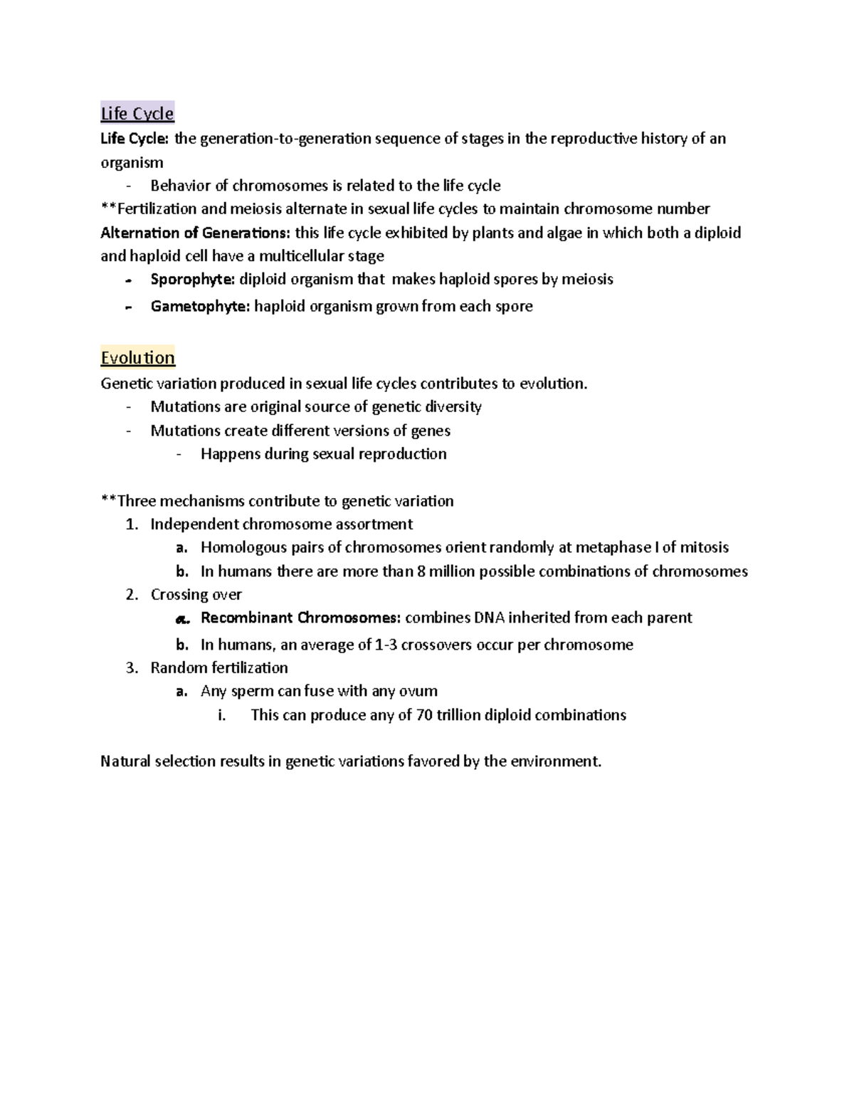 BIOL 140 - Chapter 13 Notes Part 3 - Life Cycle Life Cycle: the ...
