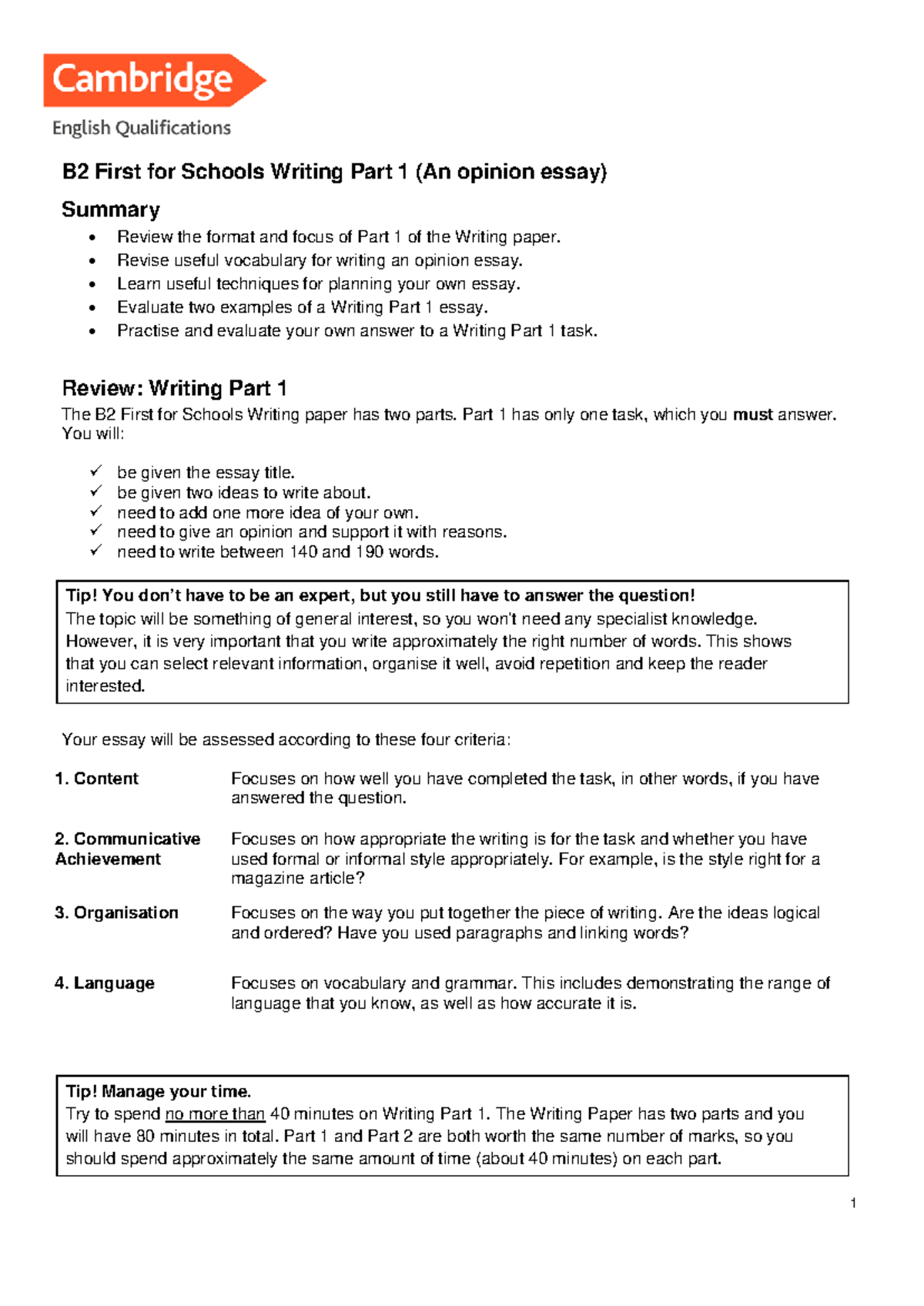 2 - 111 - B2 First for Schools Writing Part 1 (An opinion essay) Summary Review the format and ...