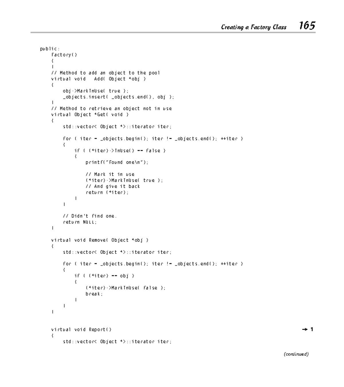 C++ Timesaving Techniques (32) - Creating a Factory Class 165 public: Factory() { } // Method to ...