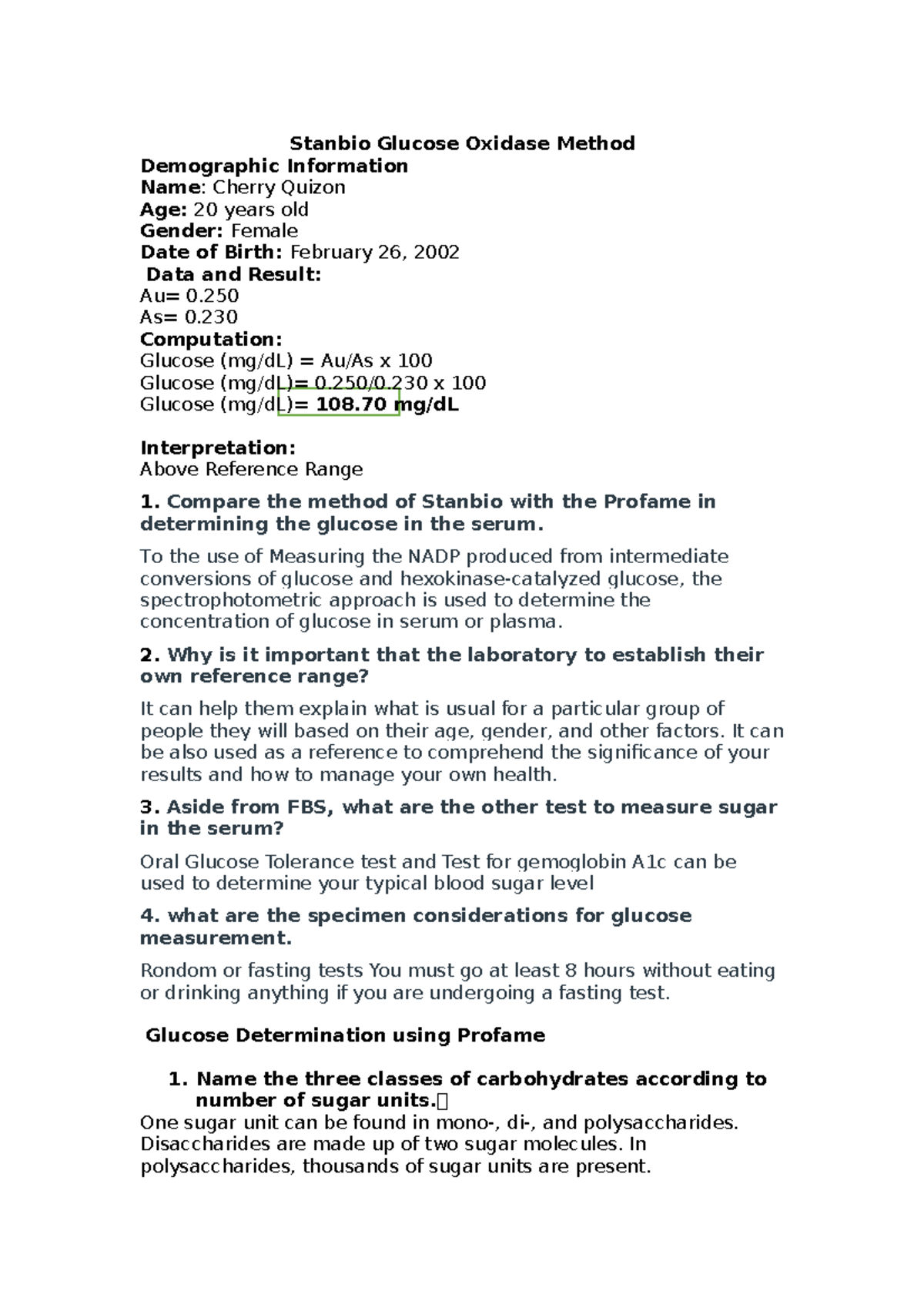 Performance Task 6 - Activity - Stanbio Glucose Oxidase Method ...
