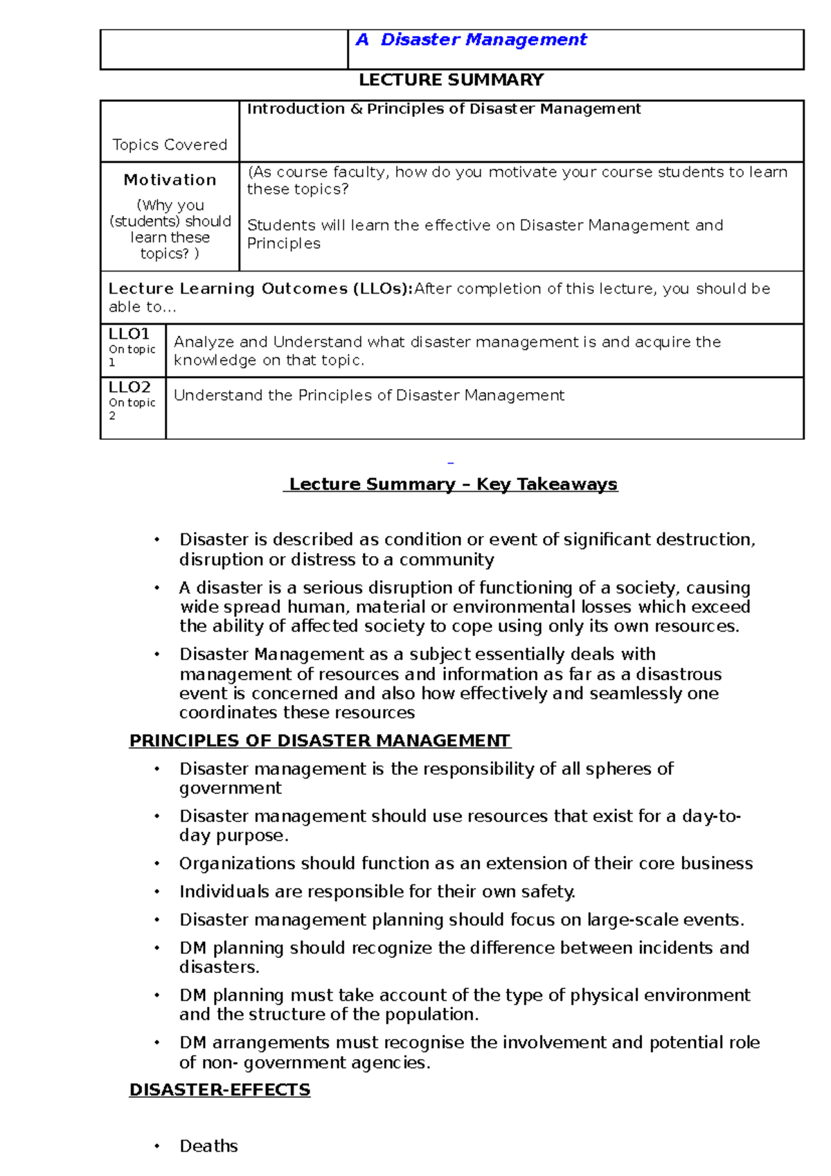 Introduction and Principles of Disaster Management - A Disaster ...