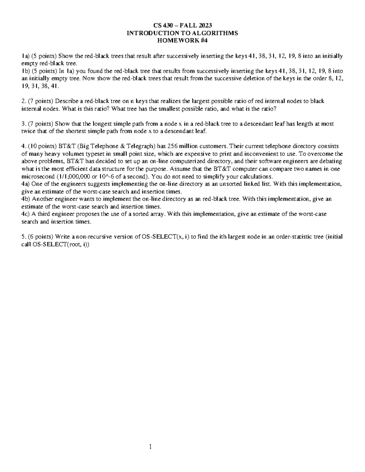 CS430HW4 - 算法导论作业 - 1 CS 430 – FALL 2023 INTRODUCTION TO ALGORITHMS HOMEWORK 1a) (5 points) Show ...