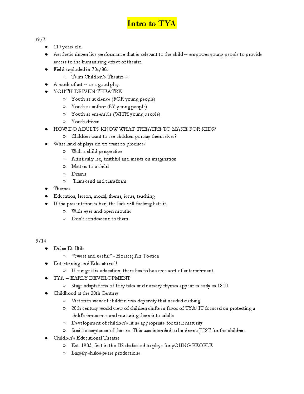 Intro to TYA - Semester 1 - t9/7 117 years old Aesthetic driven live ...