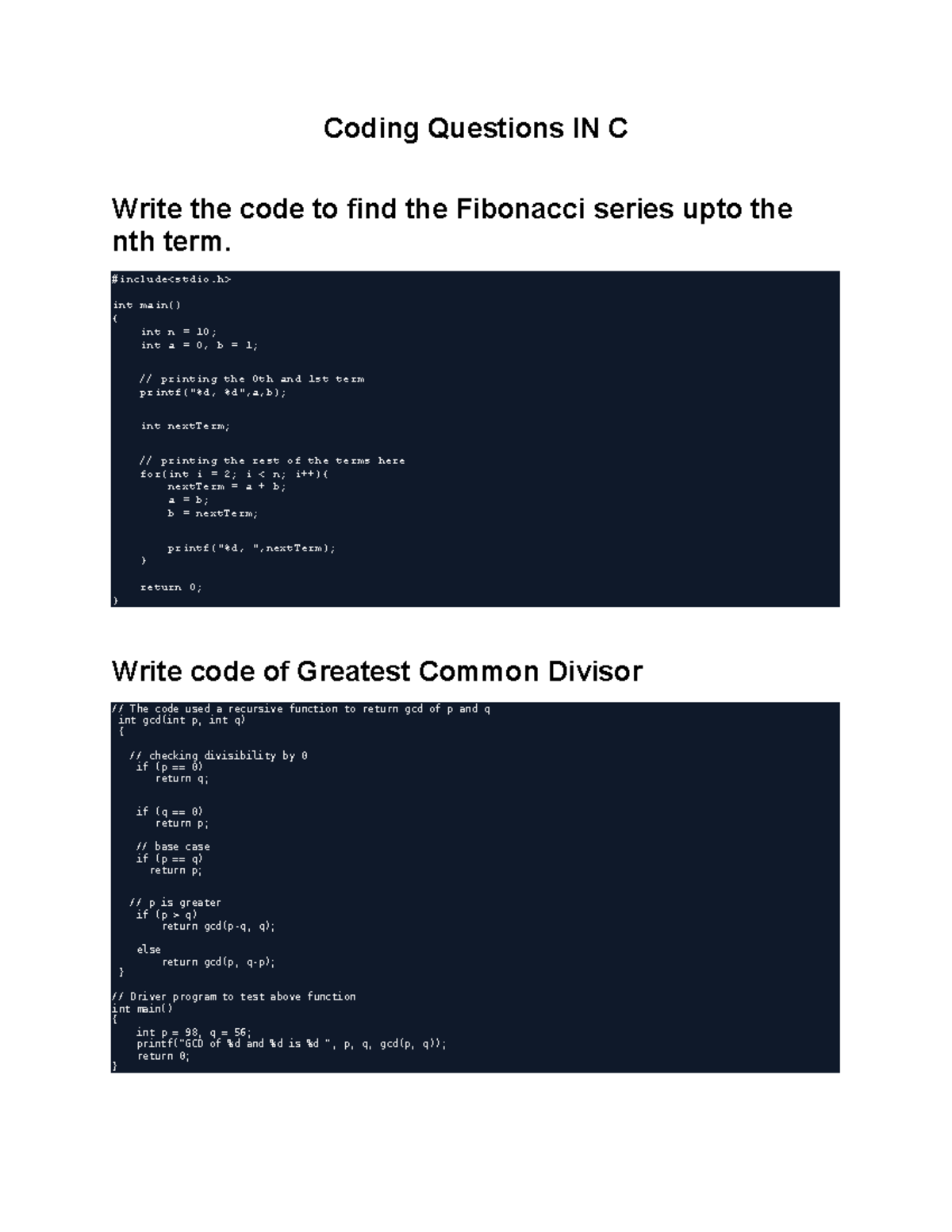 Coding Questions In C Coding Questions In C Write The Code To Find 4202