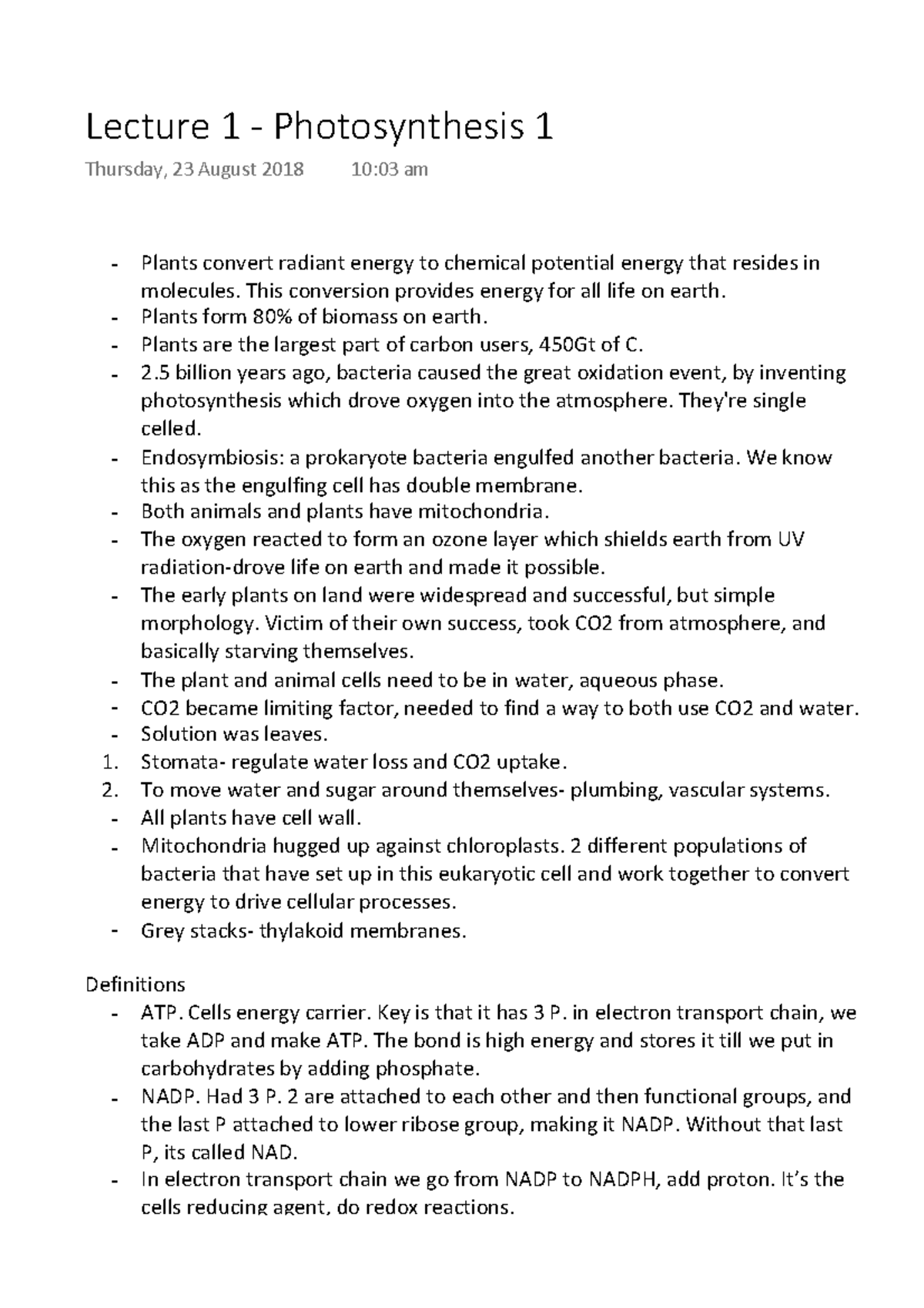 Lecture 1 - Photosynthesis 1 - Lecture 1 - Photosynthesis 1 Thursday ...