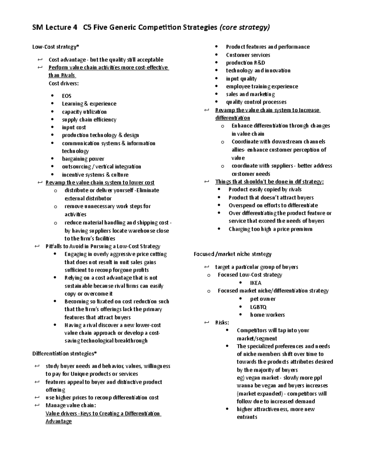 SM Notes - SM Lecture 4 C5 Five Generic Competition Strategies (core ...