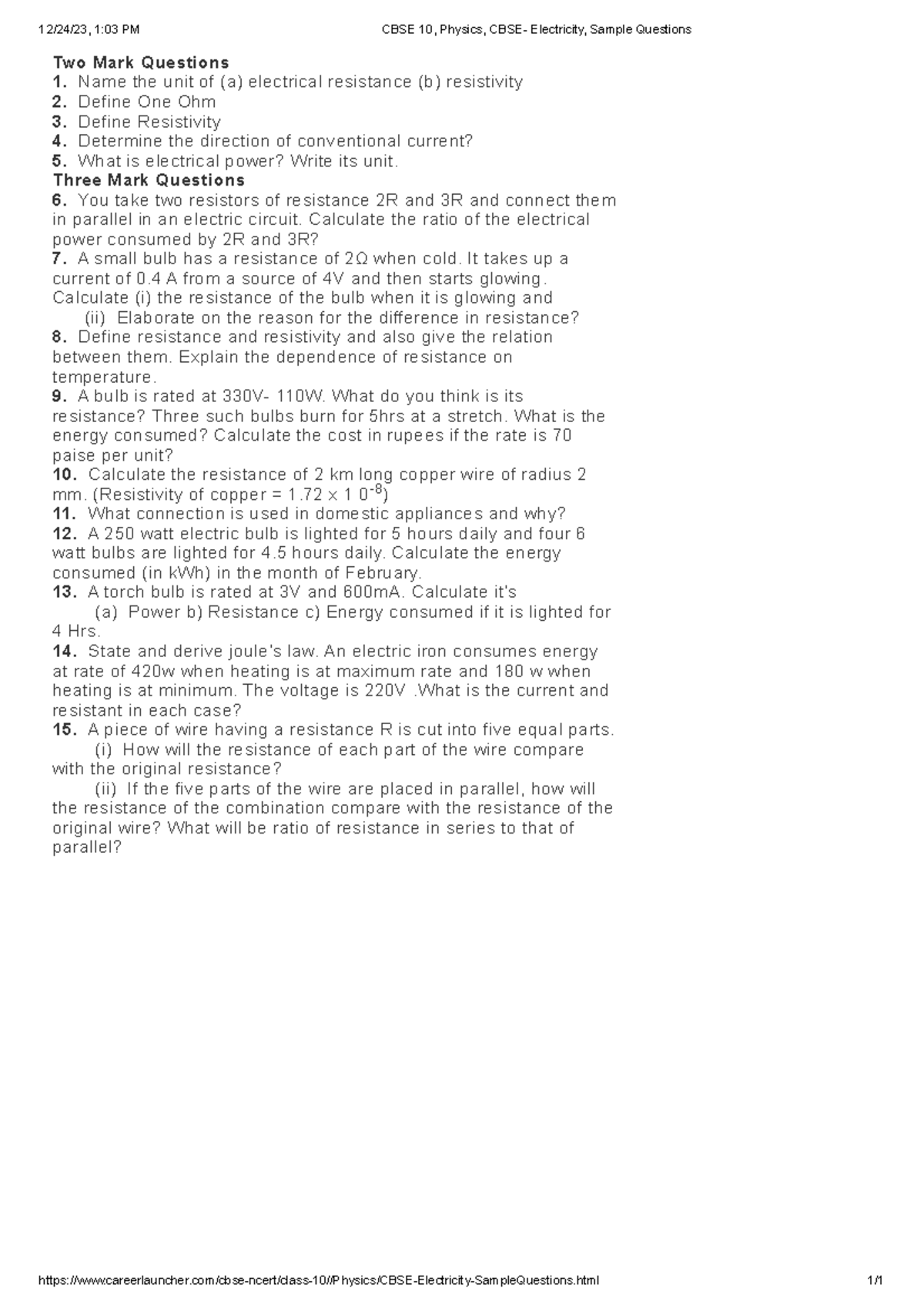 CBSE 10, Physics, CBSE- Electricity, Sample Questions - 12/24/23, 1:03 ...