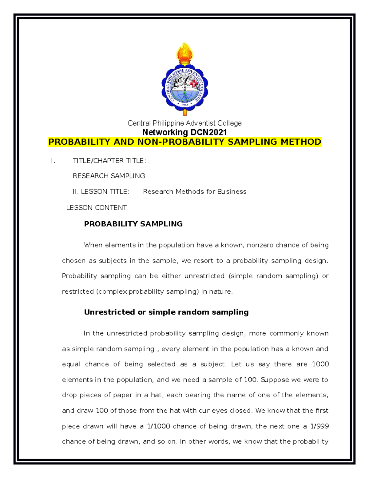 Probability AND NON- Probability Sampling Method - Central Philippine Adventist College ...
