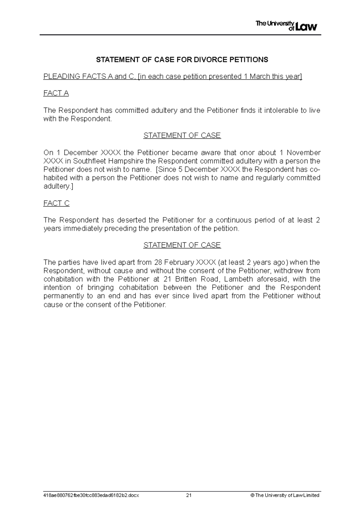 Adultery precedent - STATEMENT OF CASE FOR DIVORCE PETITIONS PLEADING ...