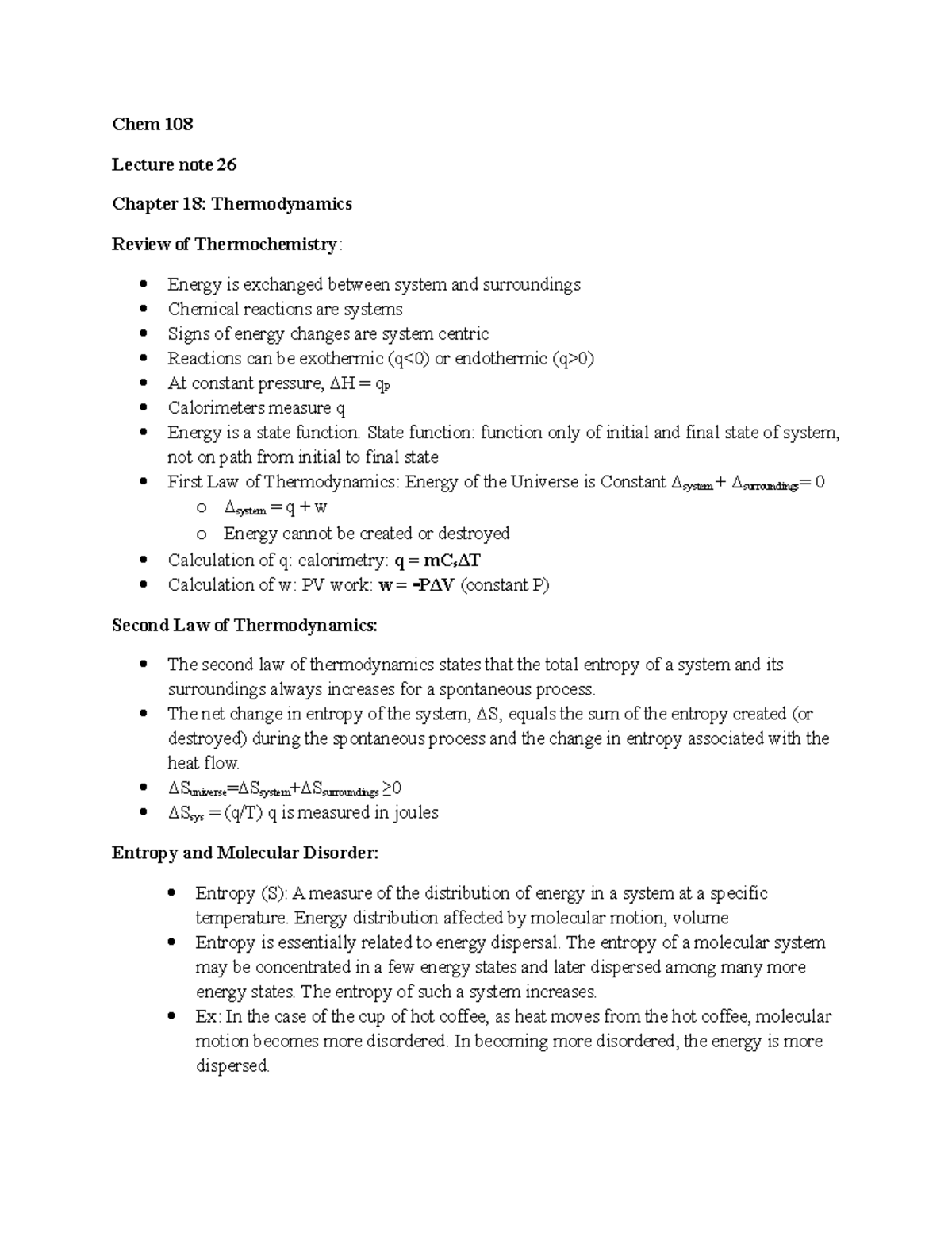 Lecture note 26 - Thermodynamics - Chem 108 Lecture note 26 Chapter 18 ...