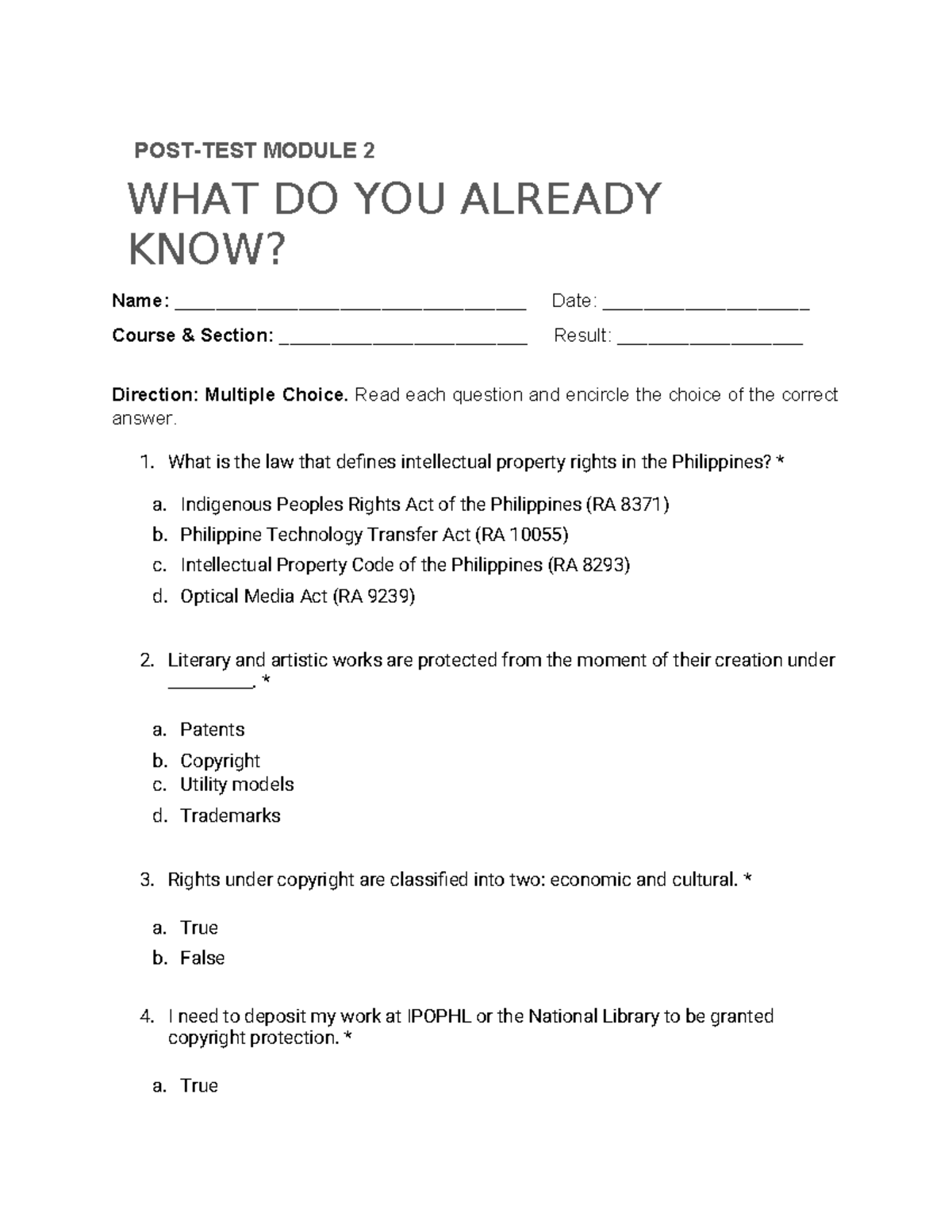 Post-test Module 2 - IT 302 Social and Professional Issues - Name ...