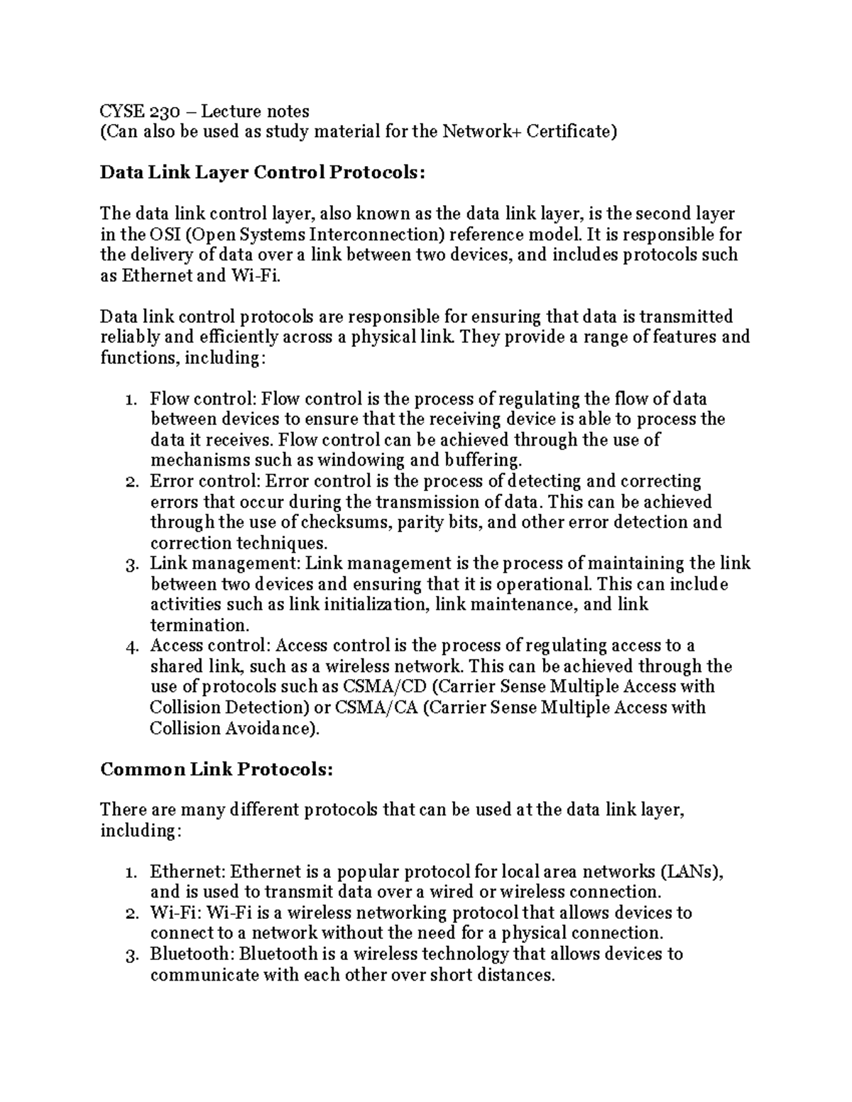 Data link and common link protocol notes - CYSE 230 – Lecture notes ...
