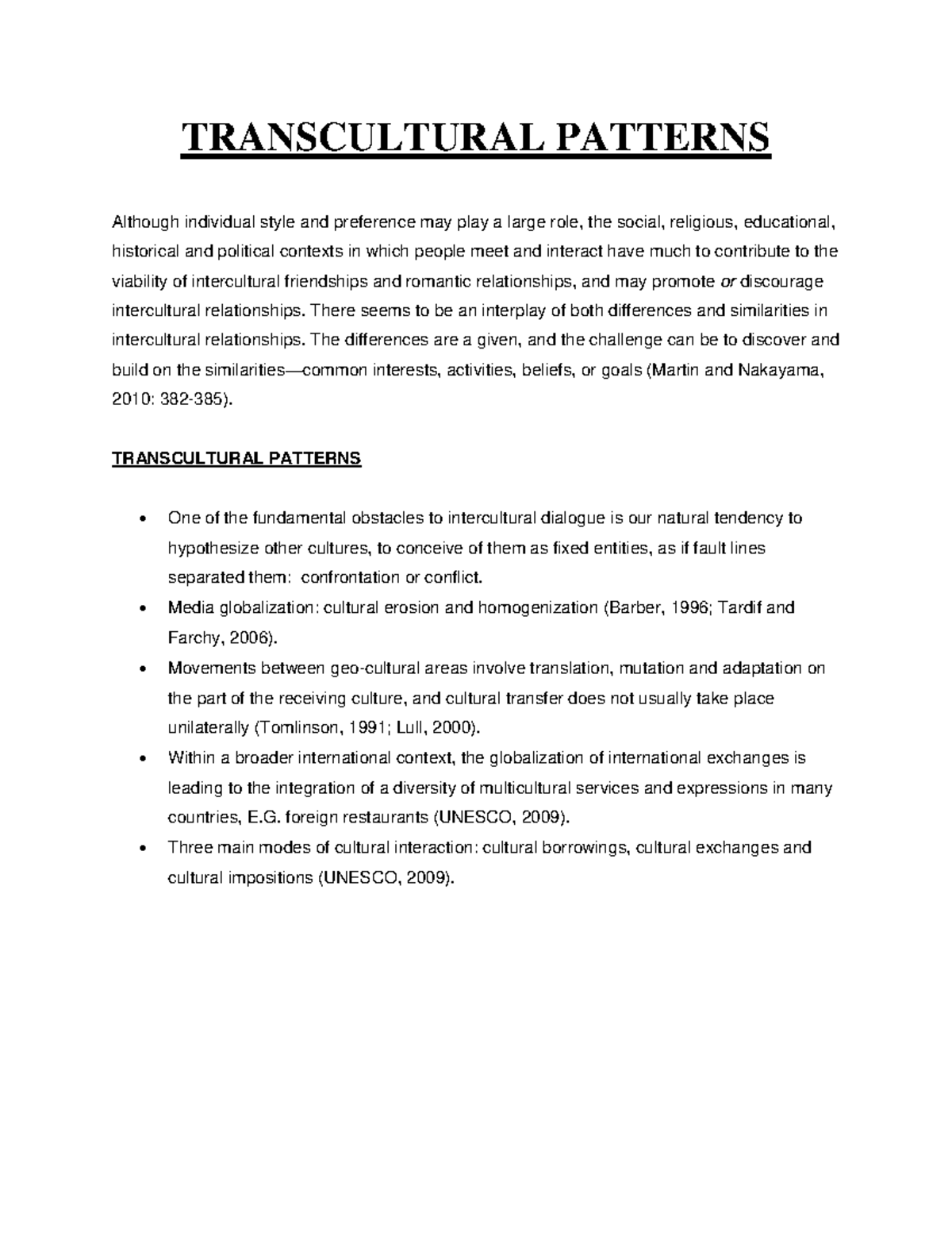 INT 10AS Transcultural Patterns - TRANSCULTURAL PATTERNS Although ...