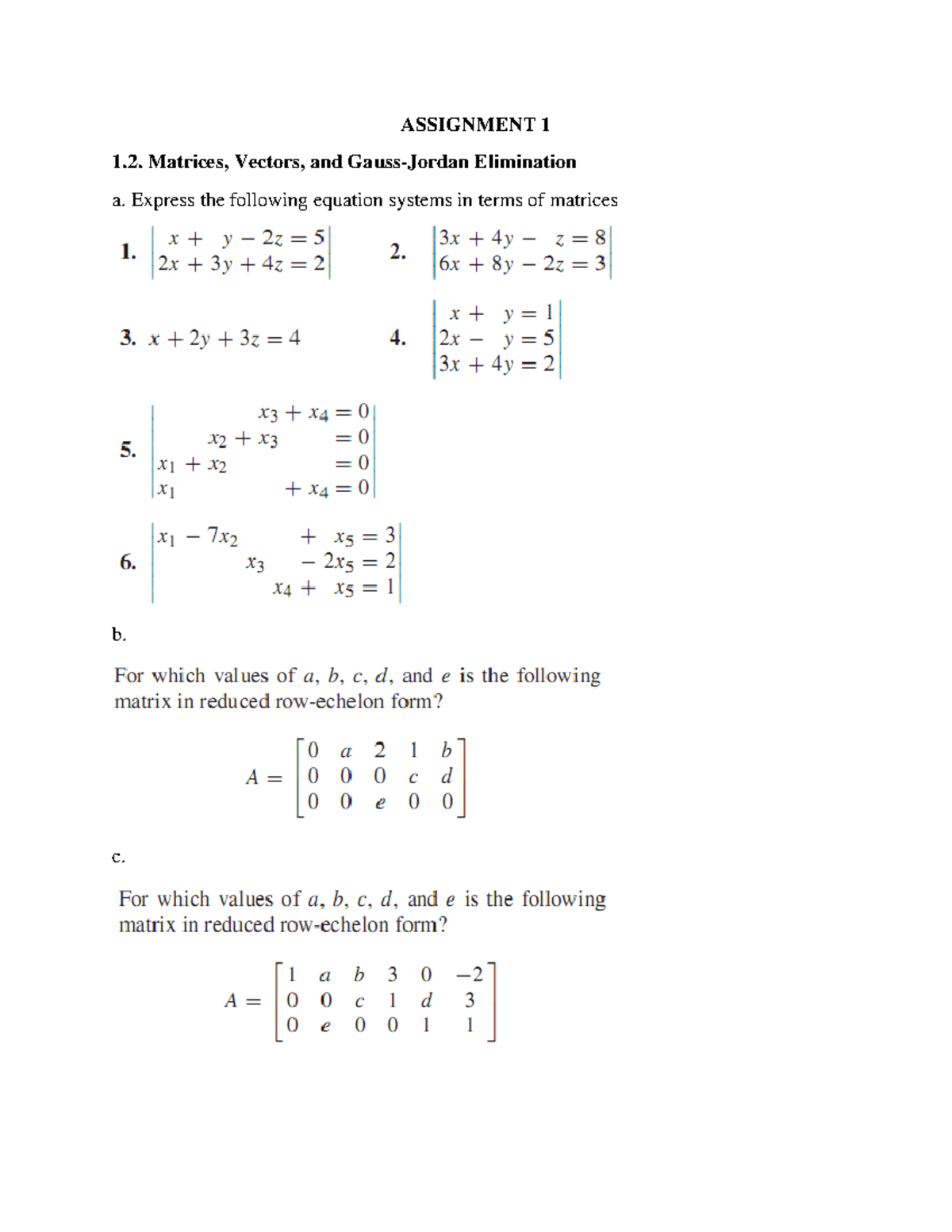 Assignment 1 - Bài tập đại số tuyến tính - ASSIGNMENT 1 1. Matrices, Vectors, and Gauss-Jordan ...