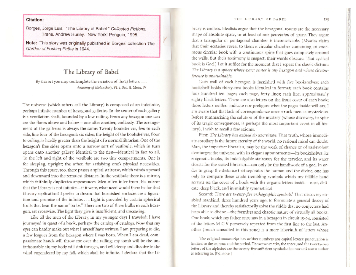 The library of Babel - Citation: Borges, JorQe Luis. "The Library of ...