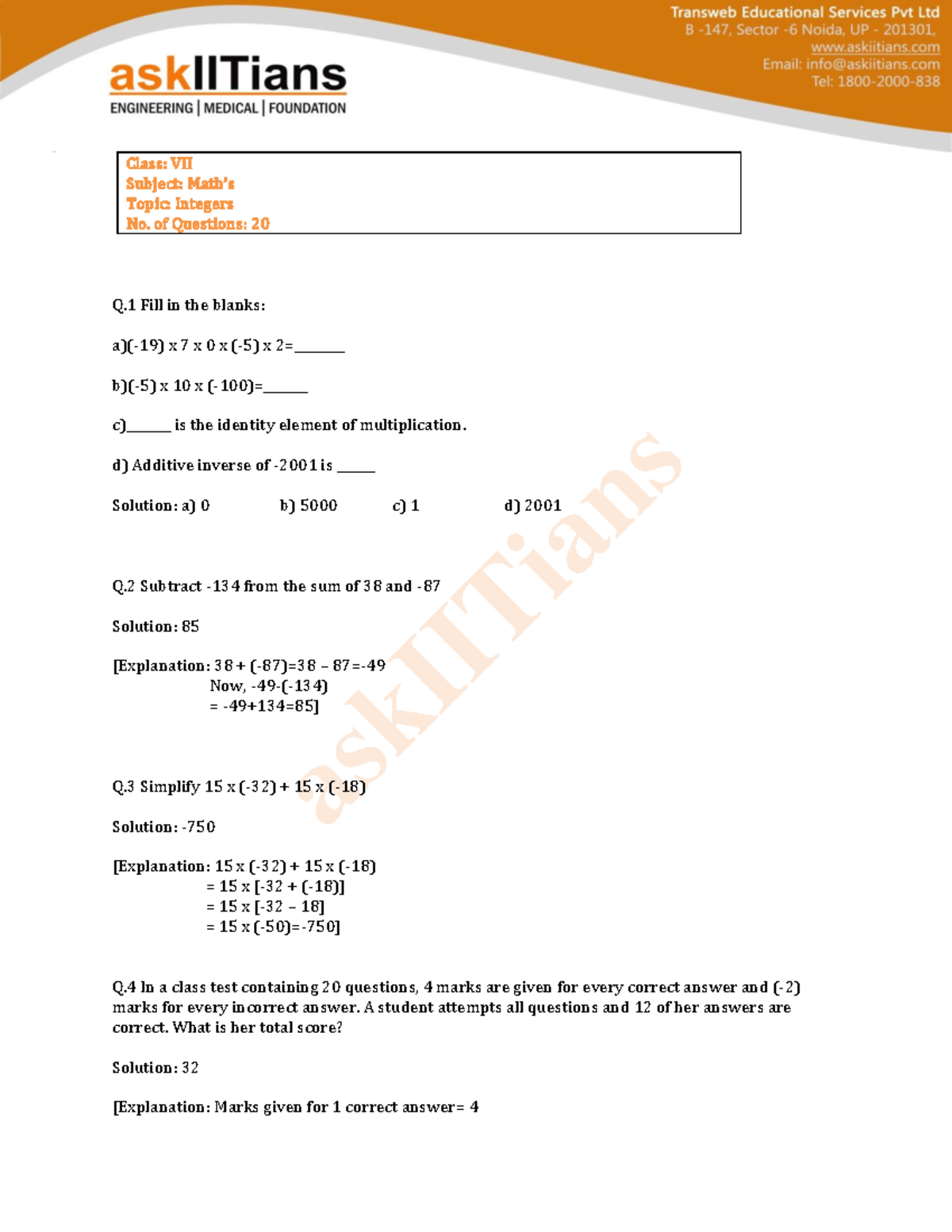 Math knowing our numbers integers solutions - askIITians Class: VII ...