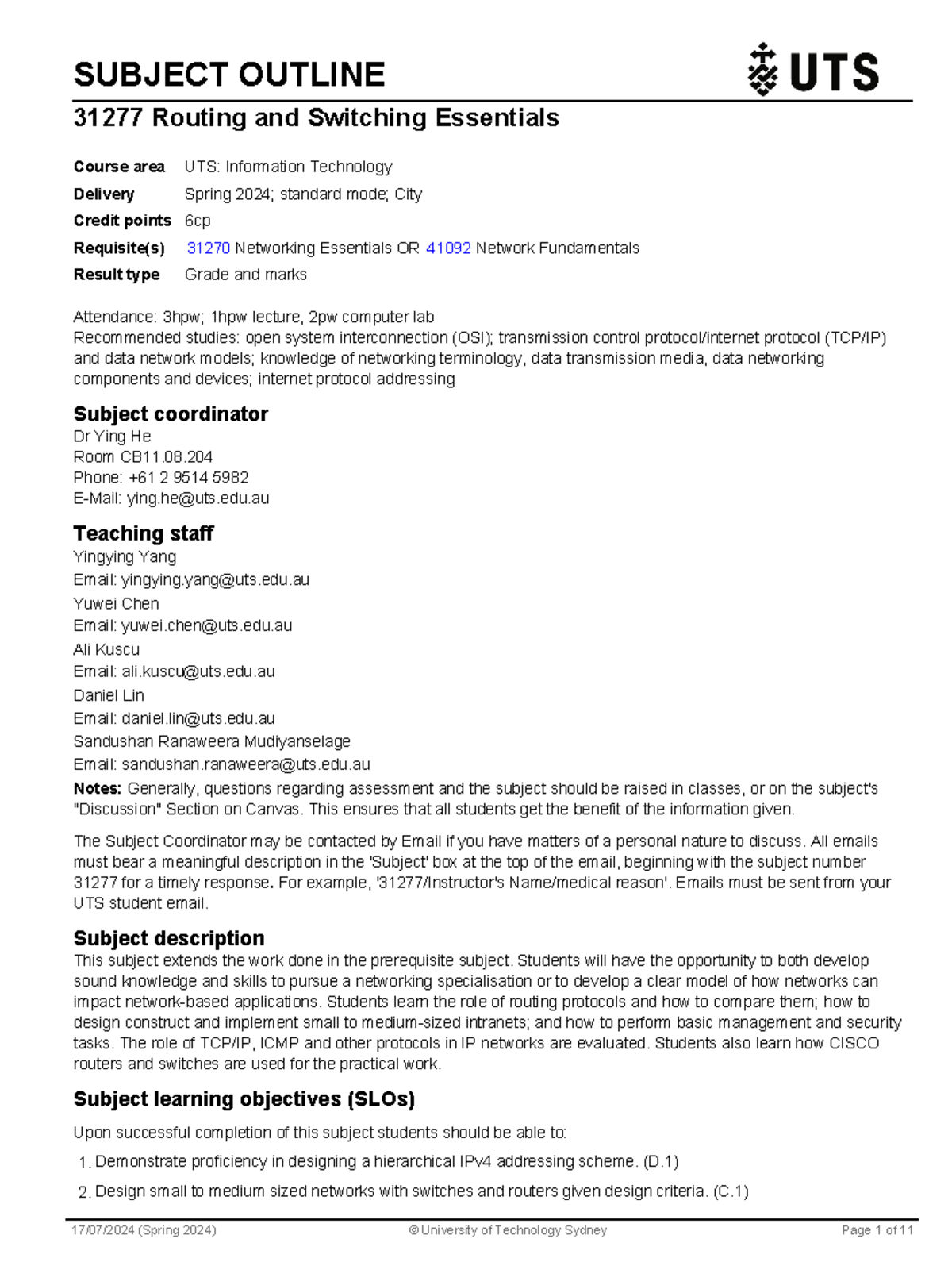 Sub Outline - Summary Routing and Switching Essentials - SUBJECT ...