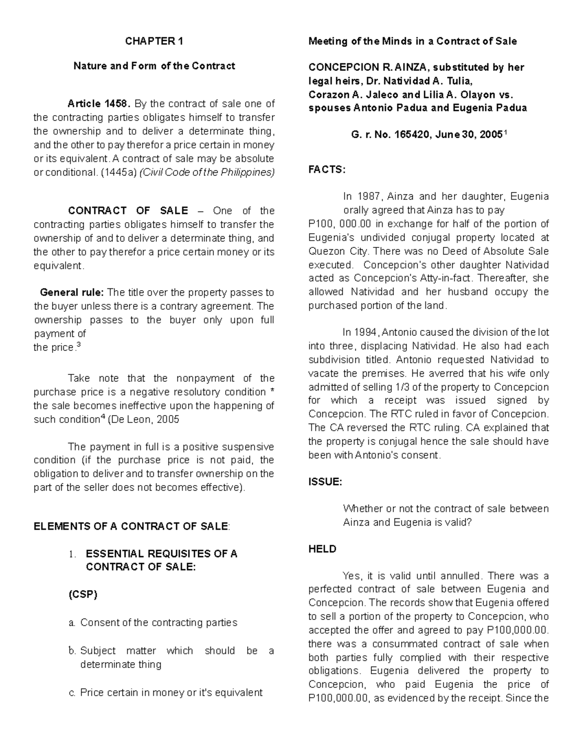 Chapter 1 - N/A - CHAPTER 1 Nature and Form of the Contract Article ...
